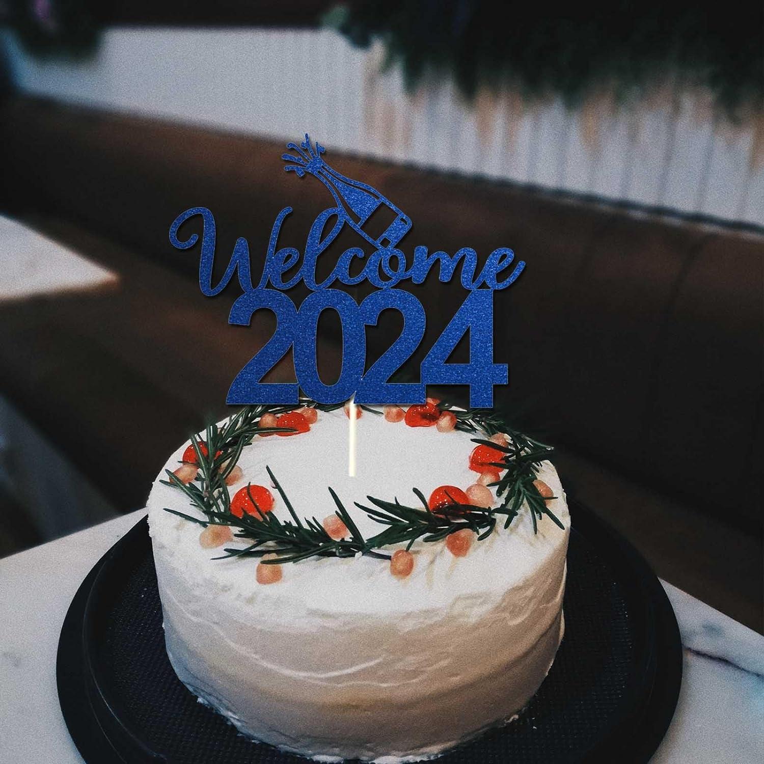 Blue Glitter Welcome 2024 Cake Topper - Happy New Year 2024 Cake Topper ...