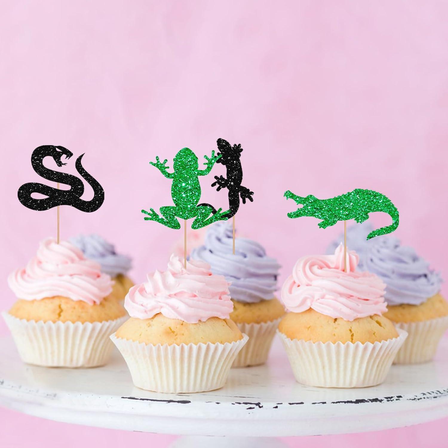 24Pcs Reptile Animals Cupcake Toppers Black&Green Glitter Snake ...