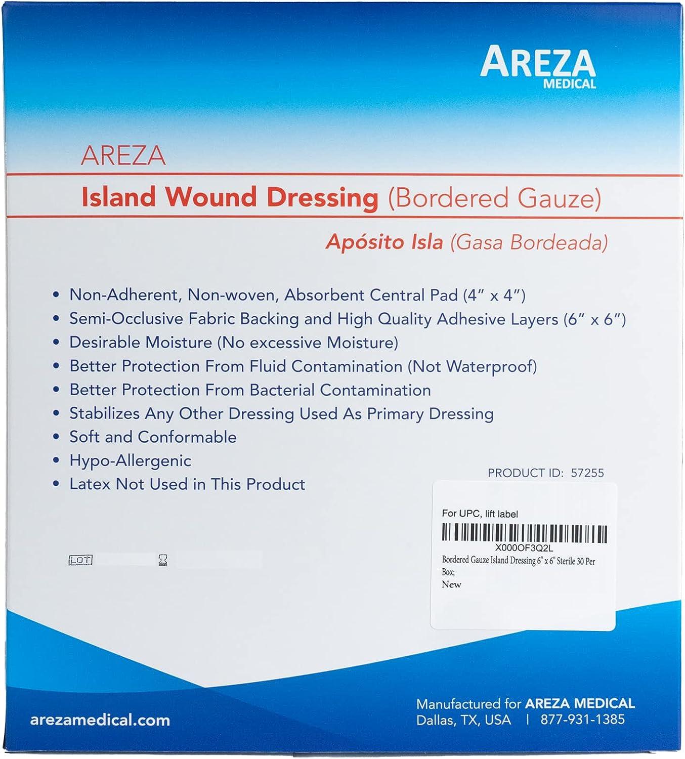 Bordered Gauze Island Dressing | 6 x 6 Sterile Latex Free 30 Per Box | Areza Medical Wound ...