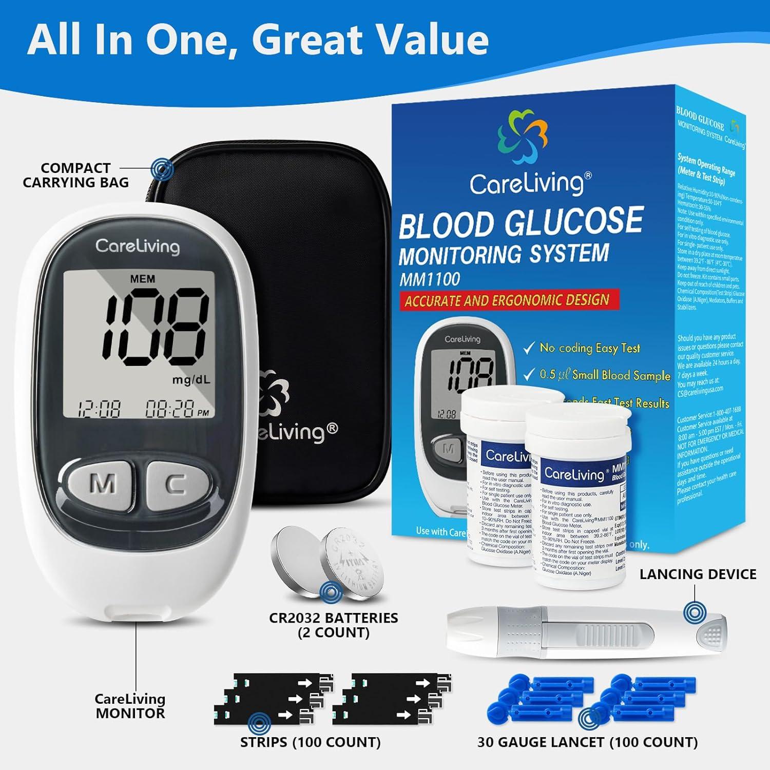 MM1100 Blood Glucose Monitor Kit | 100 Test Strips & Lancets | Portable ...