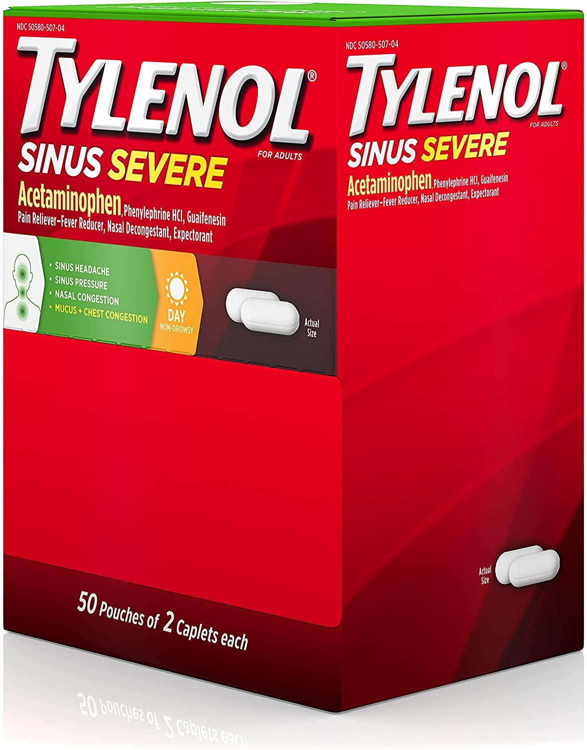 Tylenol Sinus Severe Daytime Caplets - 50 Travel Packs, 100 ct - Pain ...