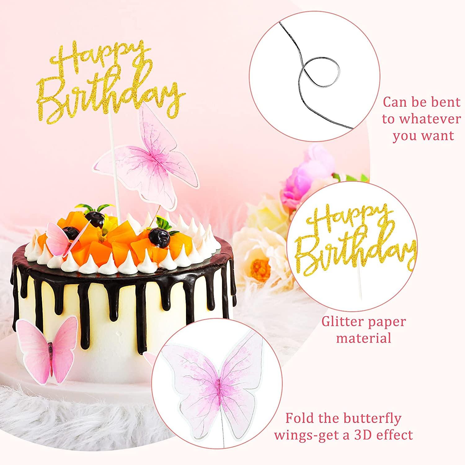 60 Blue Purple Butterfly Cake Toppers with Happy Birthday Topper | 3D ...