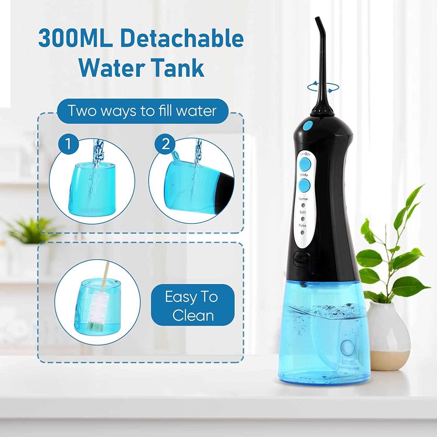 Portable Cordless Water Flosser with 300ML Tank - Rechargeable & Waterproof - 3 Modes 4 Tips ...