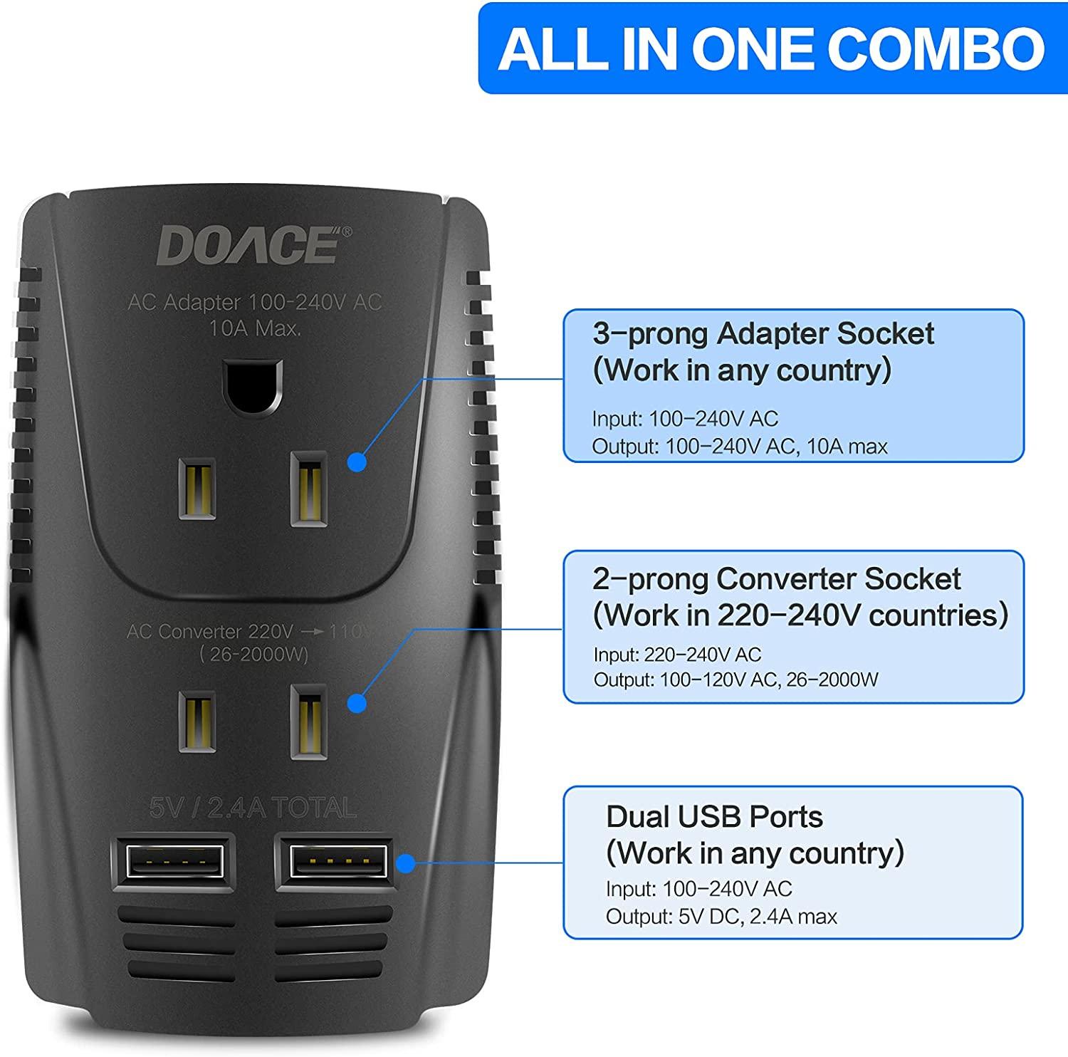 220V to 110V Power Adapter 10A with 2 USB Ports and Multi-Plug Options ...