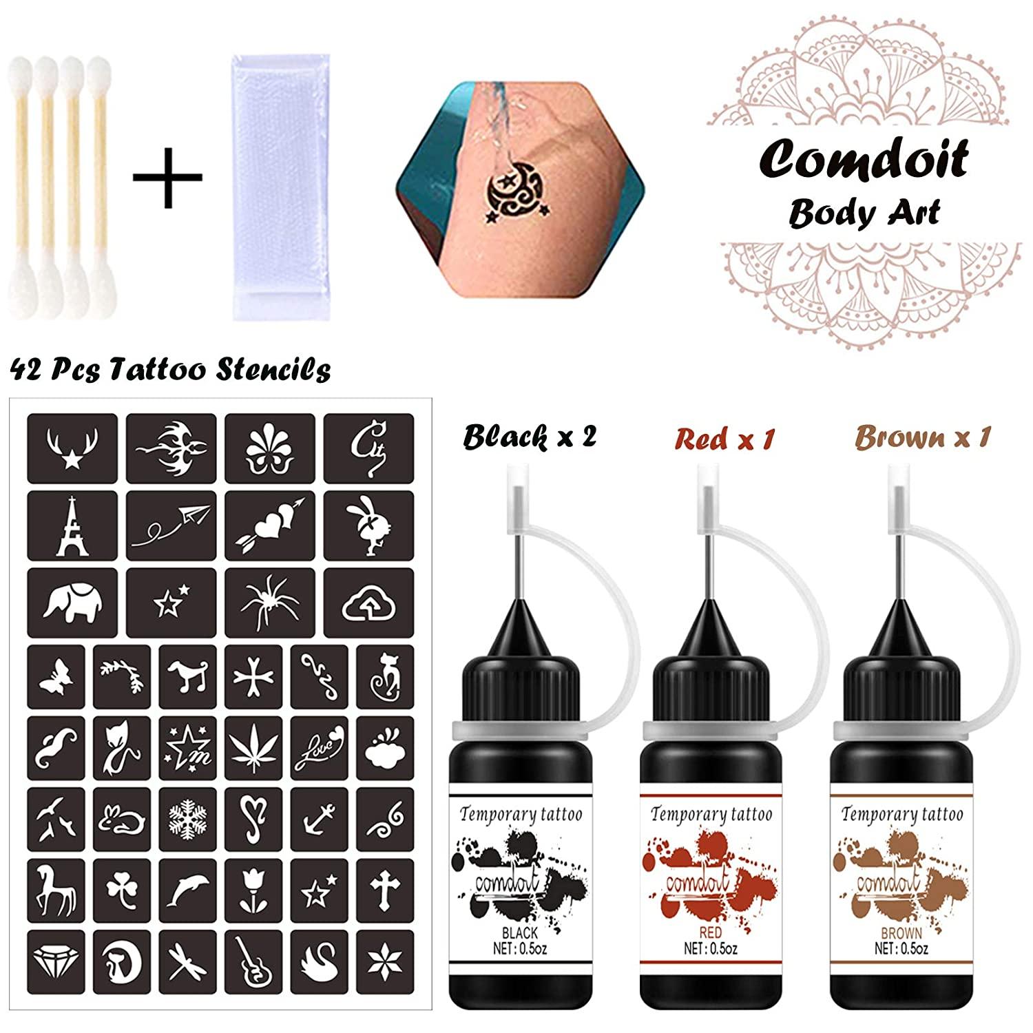 Comdoit Temporary Tattoos Kit - 42 Pcs Stencils & Freehand Jagua Gel ...