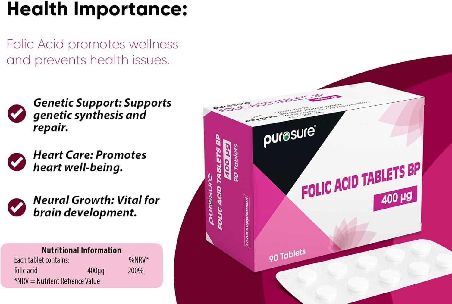 PuroSure Folic Acid 400mcg Tablets - 90 Count - Pregnancy Care & Immune ...