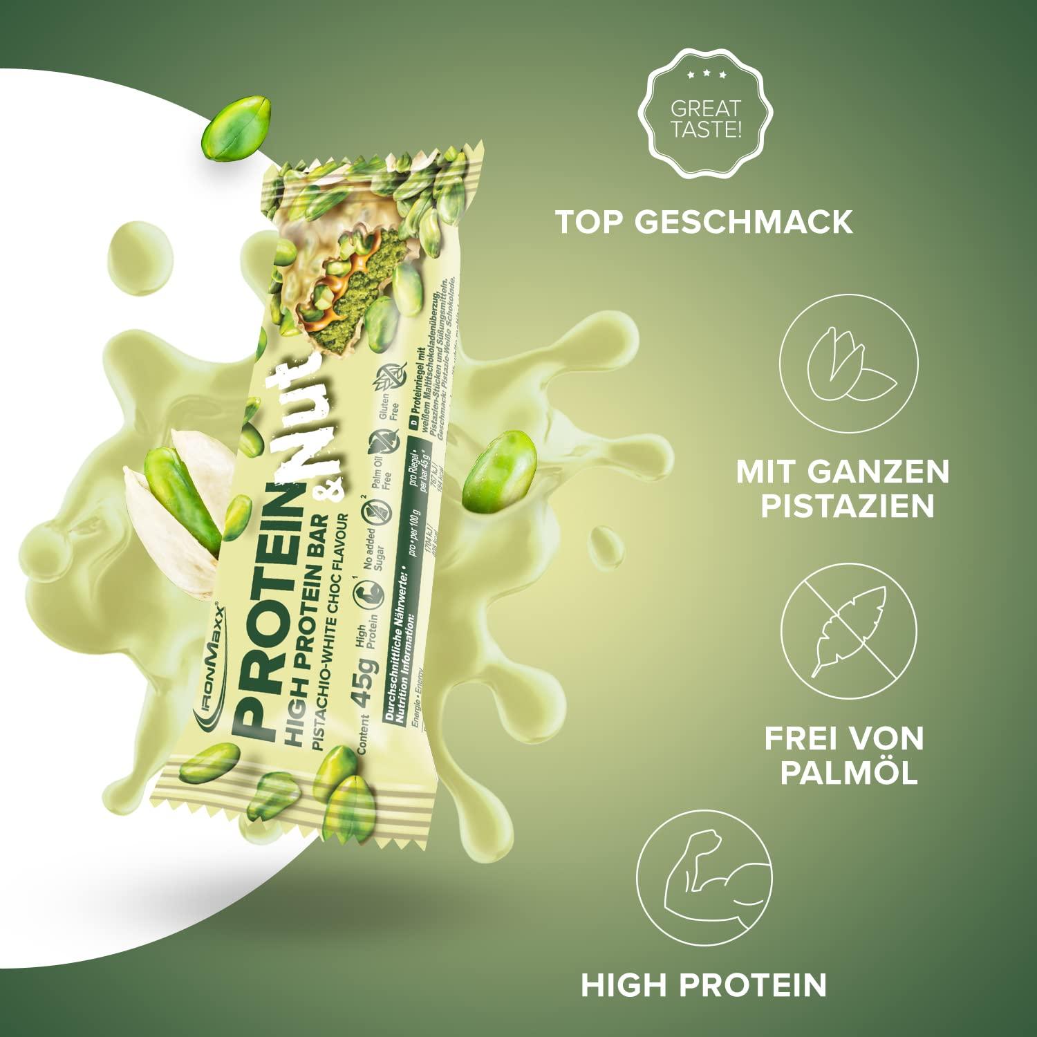 Ironmaxx Protein & Nut Protein Bars - Pistachio White Chocolate 12 x 45g | High Protein Gluten ...