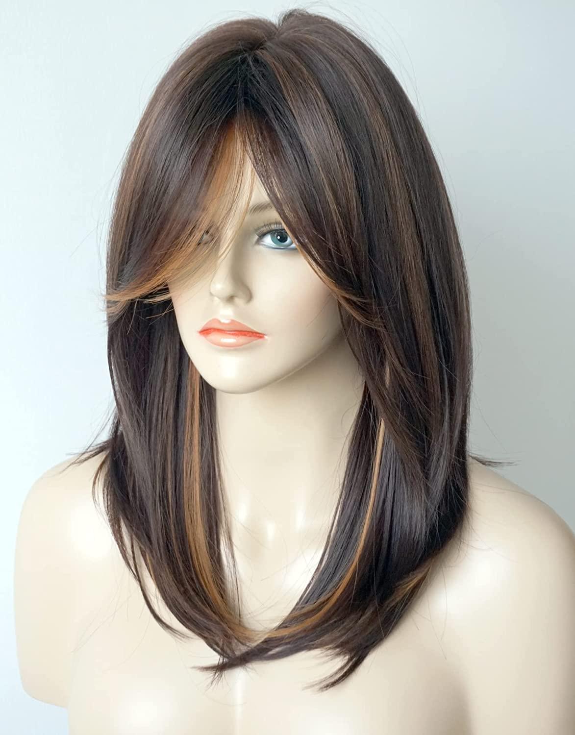 Medium Length Layered Synthetic Wig for White Women - Light Brown with ...