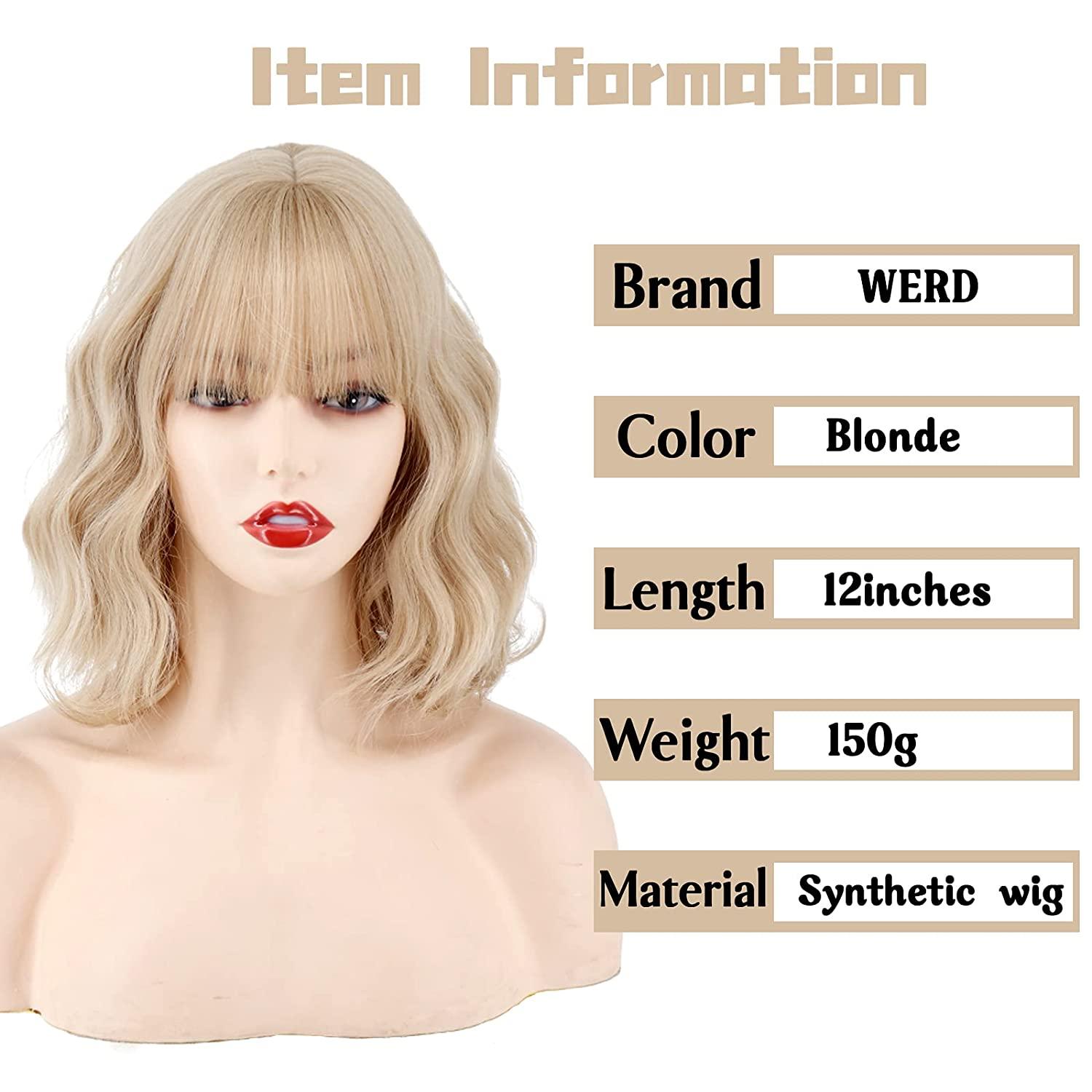 Wavy Bob Blonde Wig with Bangs - Short Curly Blonde Wig for Women, Ideal for Cosplay and Parties ...