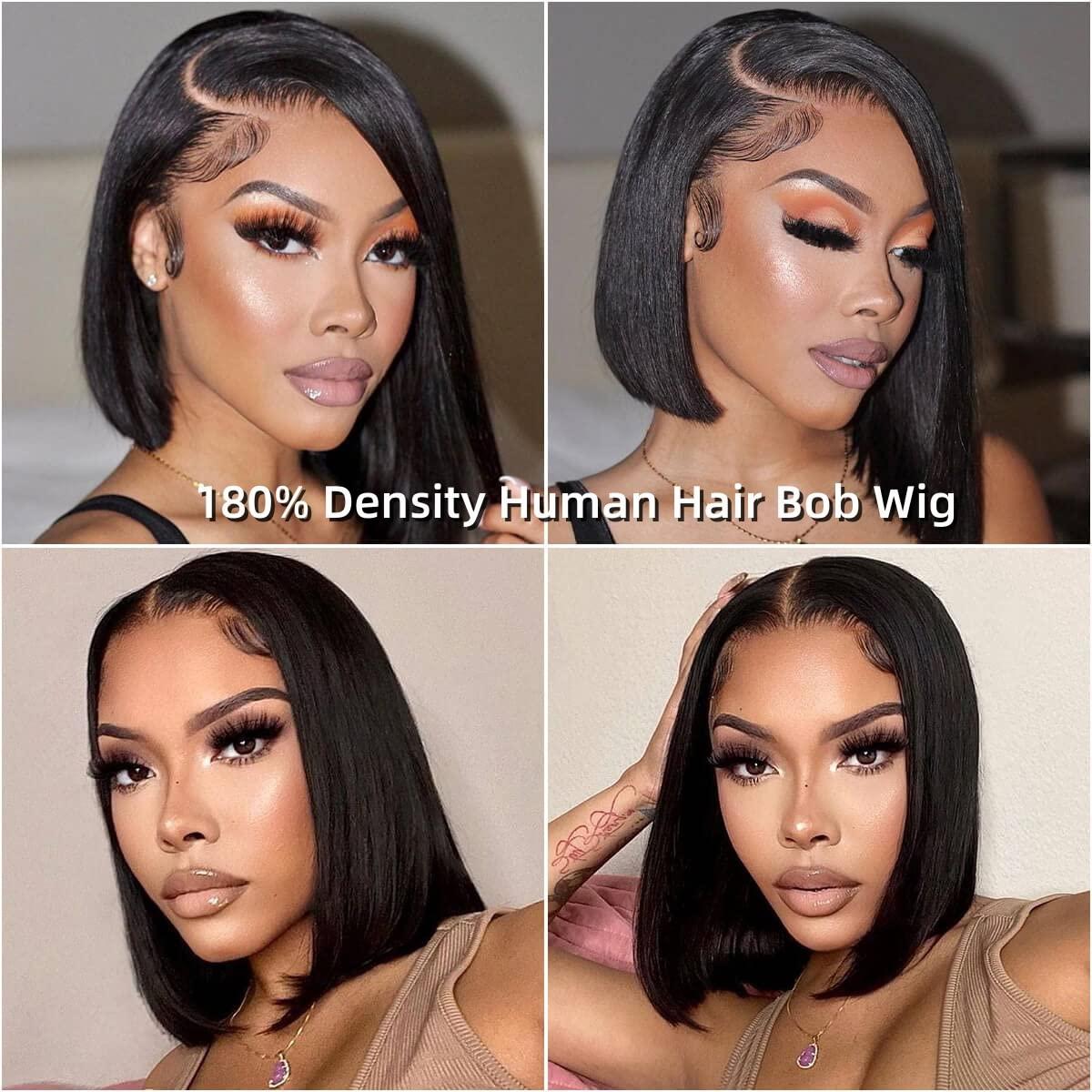 YIBUSI 12 Inch Human Hair Bob Wig 13x4 Frontal Lace, 180% Density ...