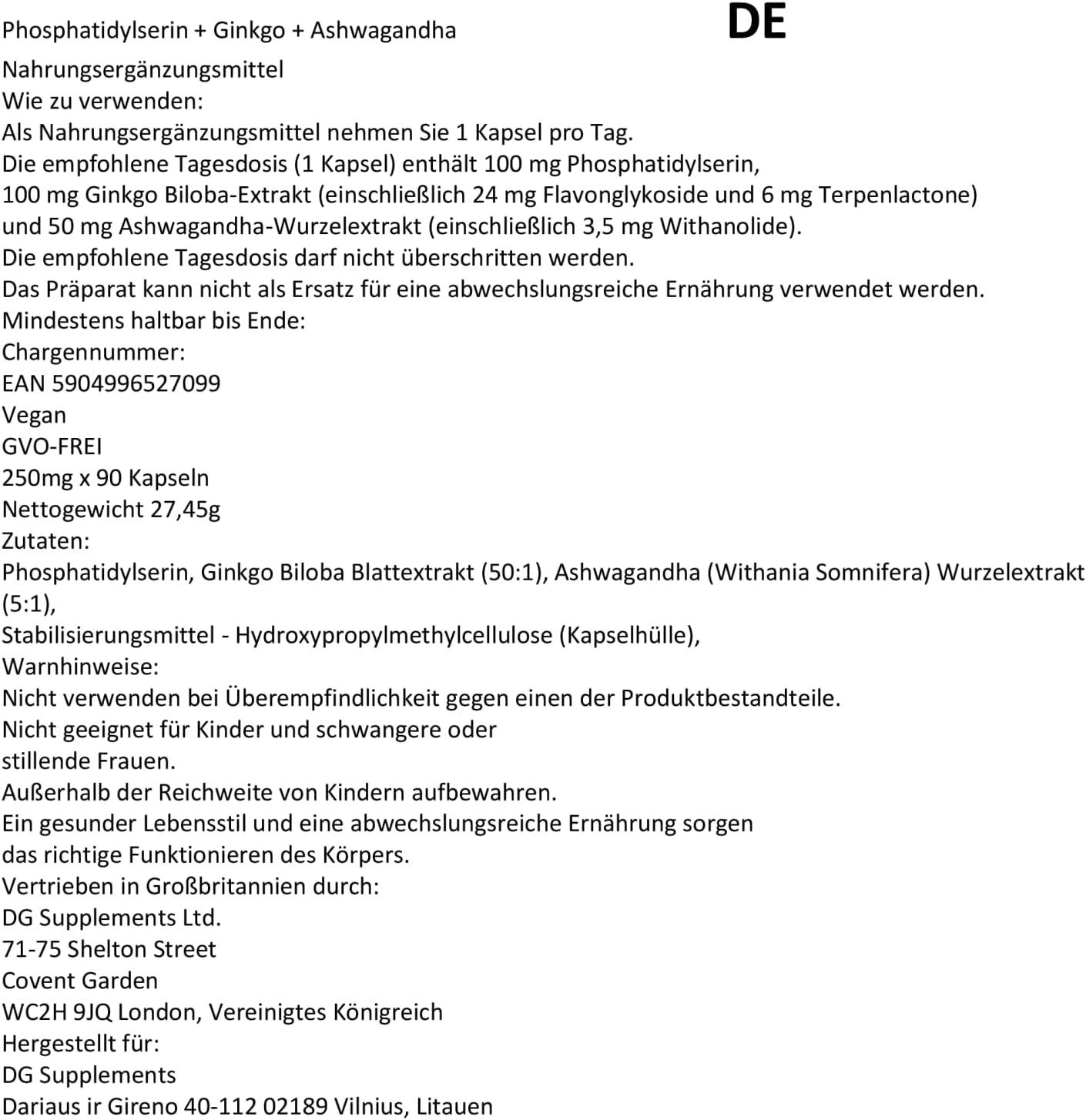 Hepatica Phosphatidylserine + Ginkgo Biloba + Ashwagandha 250mg | 90 ...