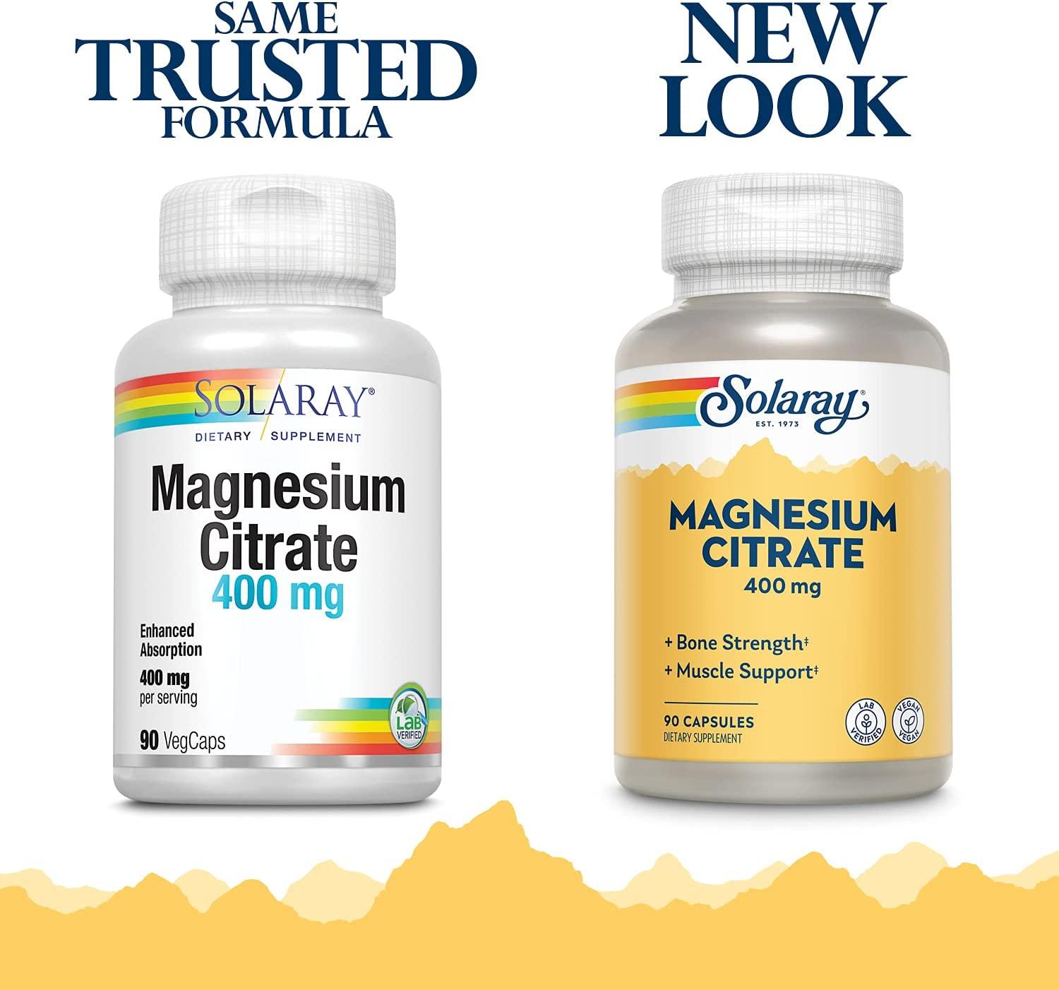 Solaray Magnesium Citrate 400 mg - 90 Vegan Capsules for Healthy Muscle ...