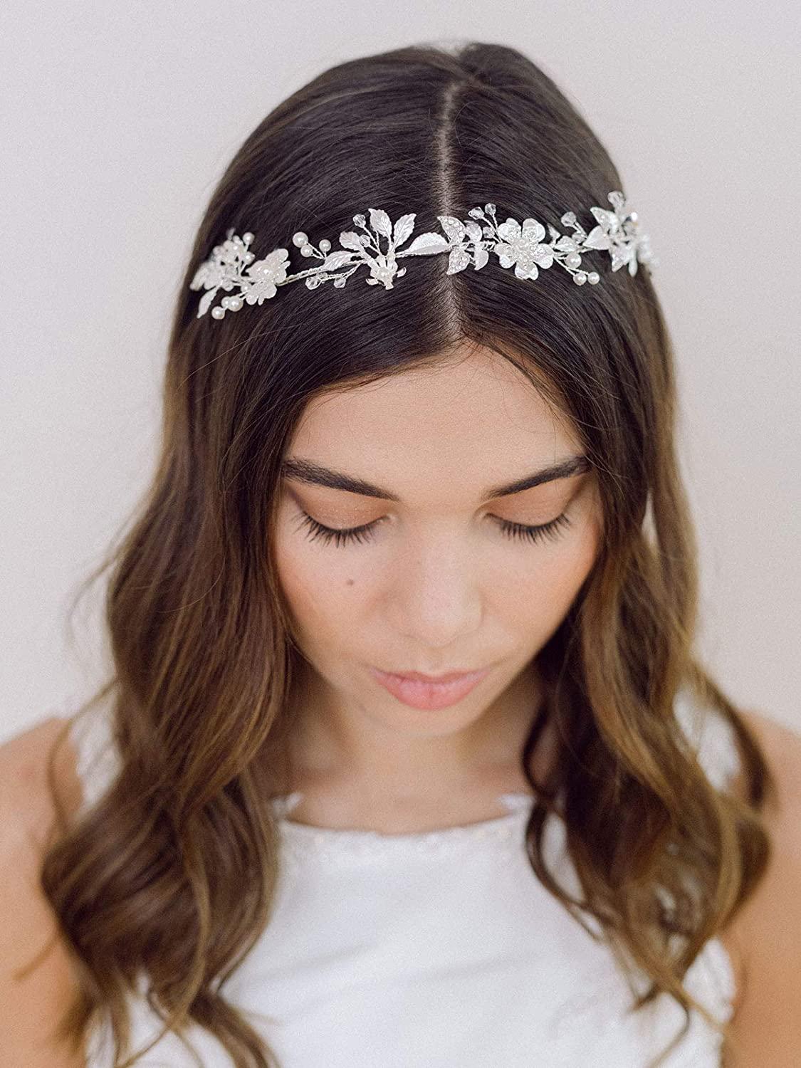 SWEETV Silver Flower-Leaf Bridal Headband | Crystal Wedding Hair Piece ...