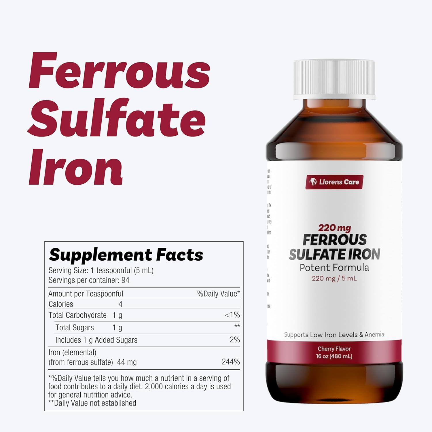 Ferrous Sulfate Liquid Iron Supplement by Llorens Care - 220mg Iron ...