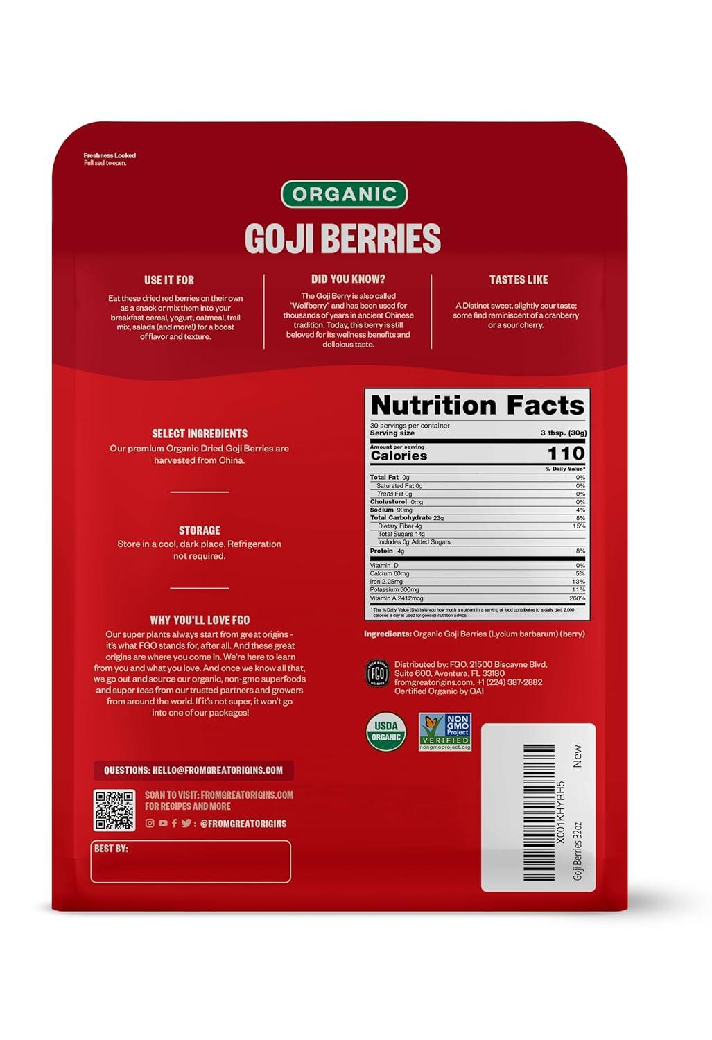 FGO Organic Goji Berries - Large & Chewy - Lab-Tested - 32oz Resealable ...