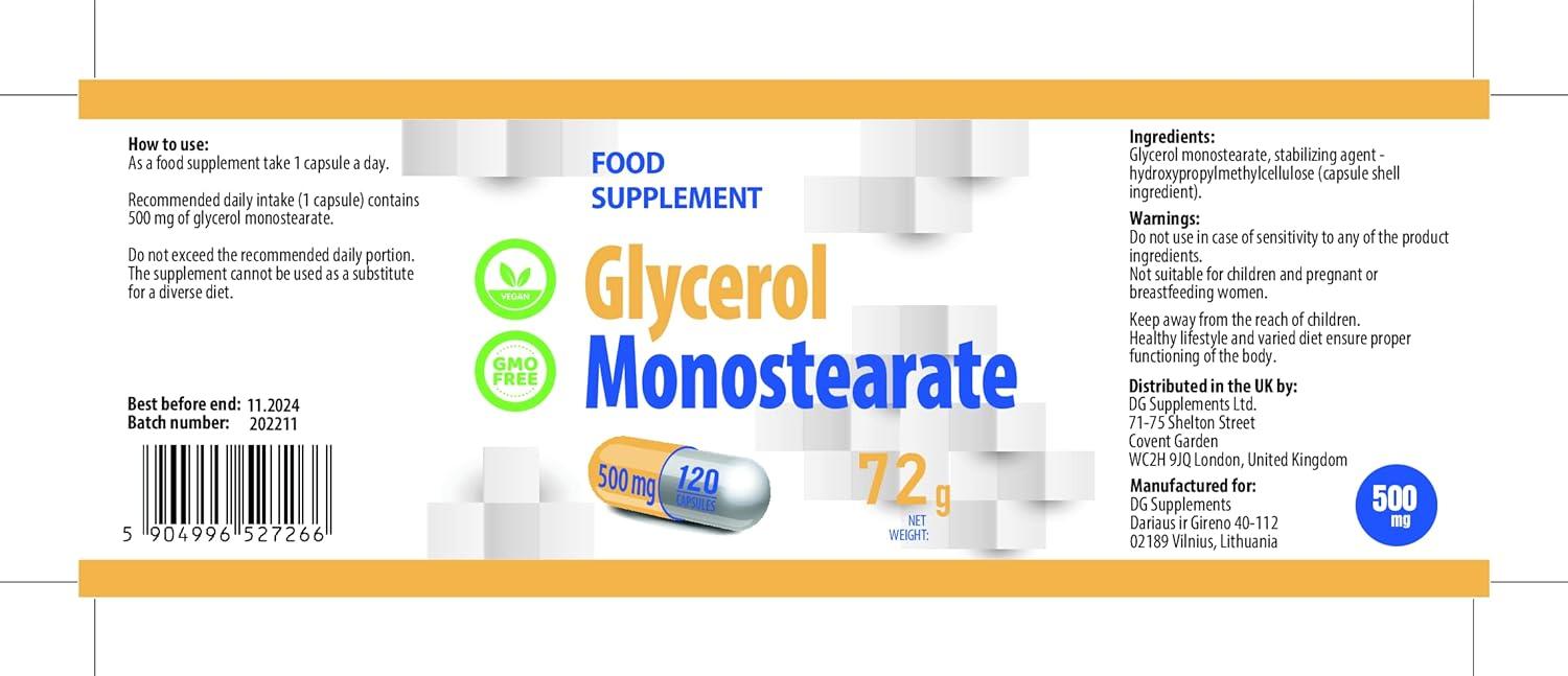 Glycerol Monostearate (GMS) 500mg | 120 Vegan Capsules | High Strength ...