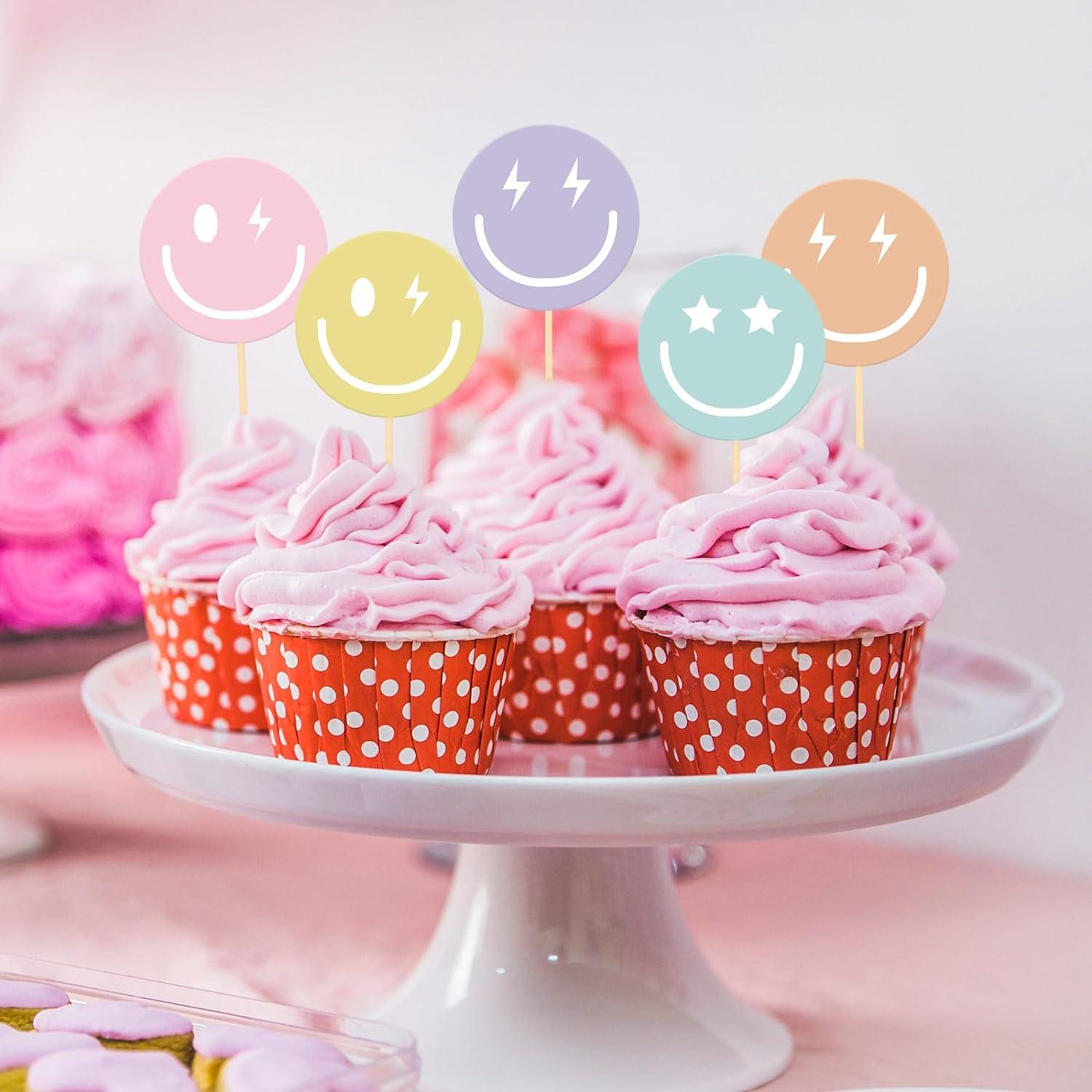 Whaline 36Pcs Preppy Smile Face Cupcake Toppers 6 Designs Paper Cake ...