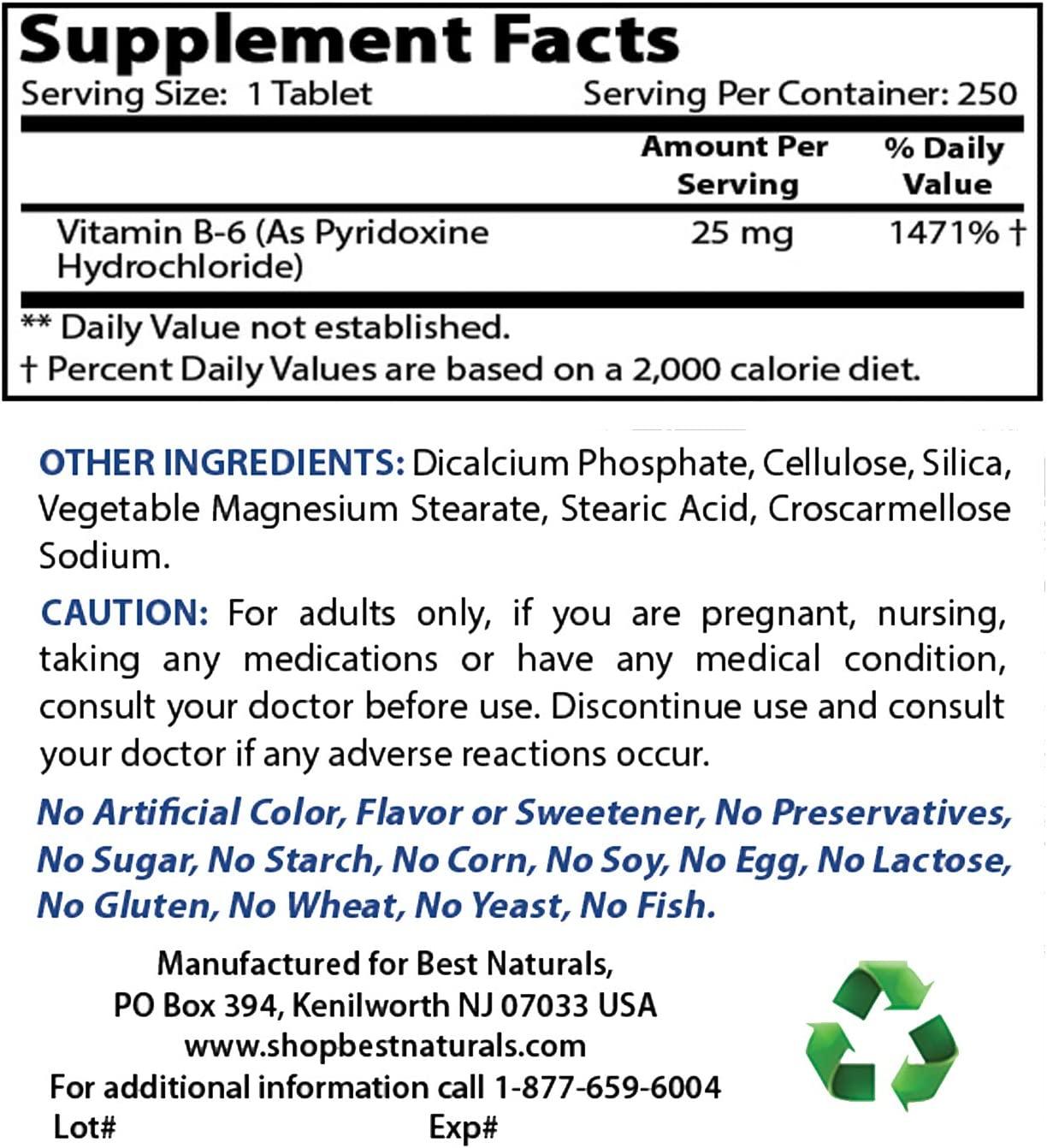 Best Naturals Vitamin B-6 25mg Tablets - 250 Count Pack of 1 | Buy Now ...