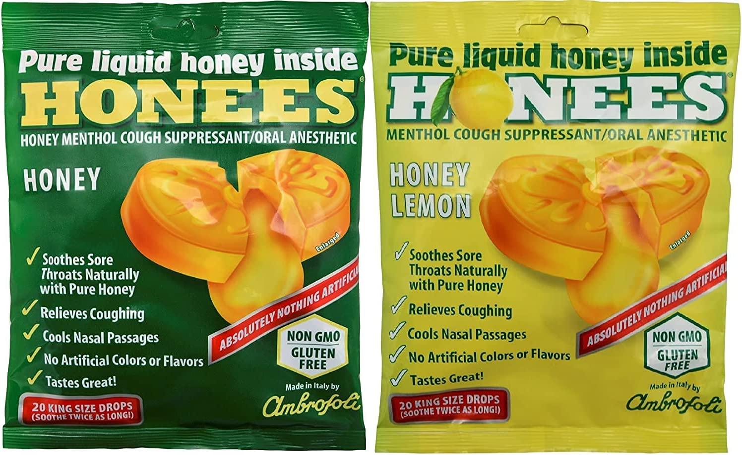Honees Cough Drops - Honey and Honey Lemon Flavors, 2 Pack (40 Drops ...