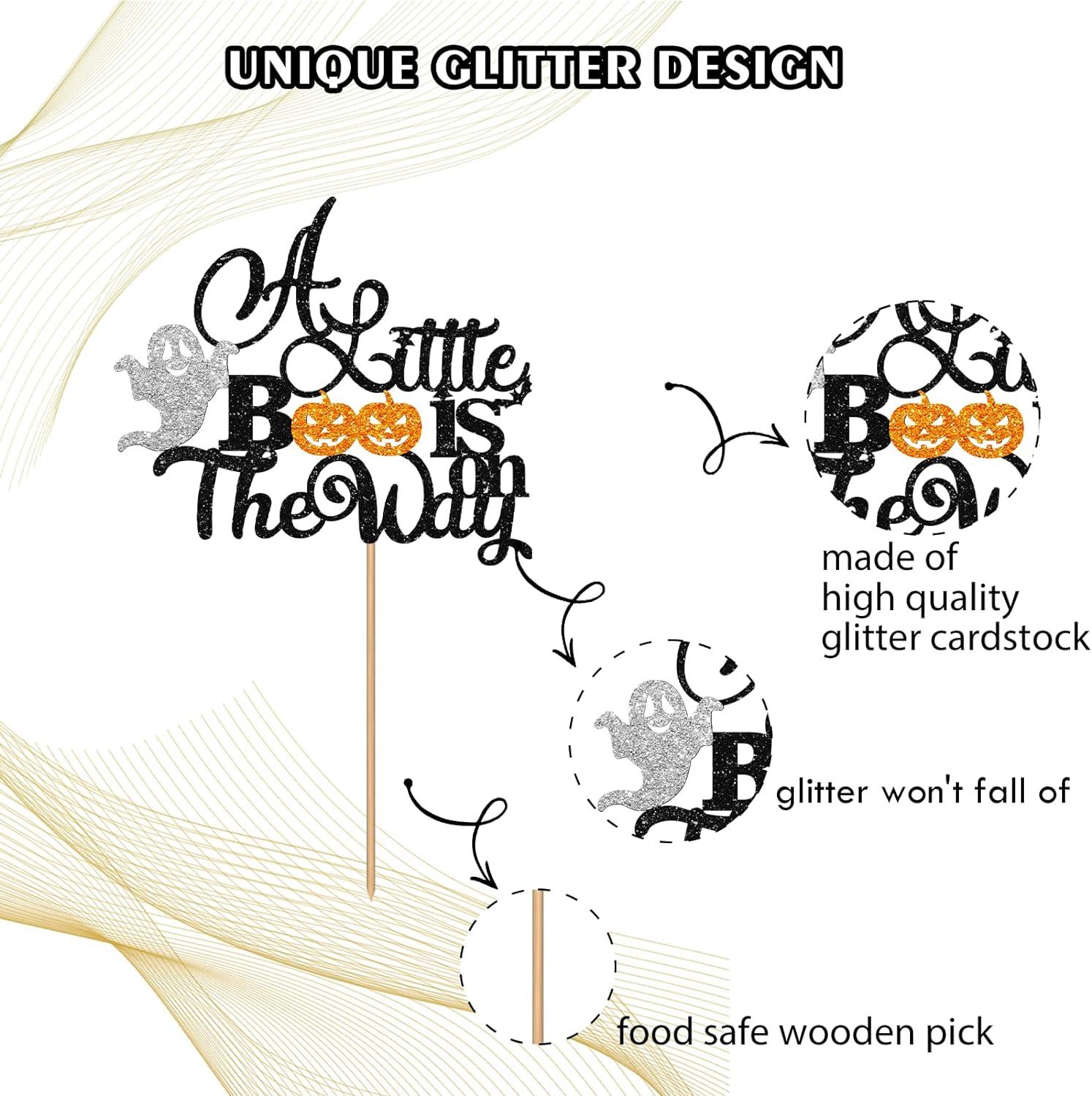 A Little Boo Is On The Way Cake Topper Black Glitter Halloween Themed ...