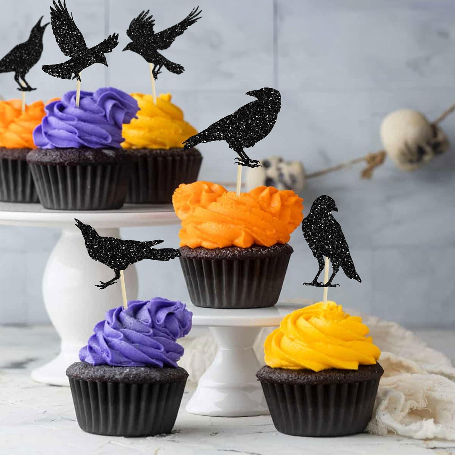 24Pcs Black Crow Cupcake Toppers Glitter Raven Halloween Cupcake Picks ...