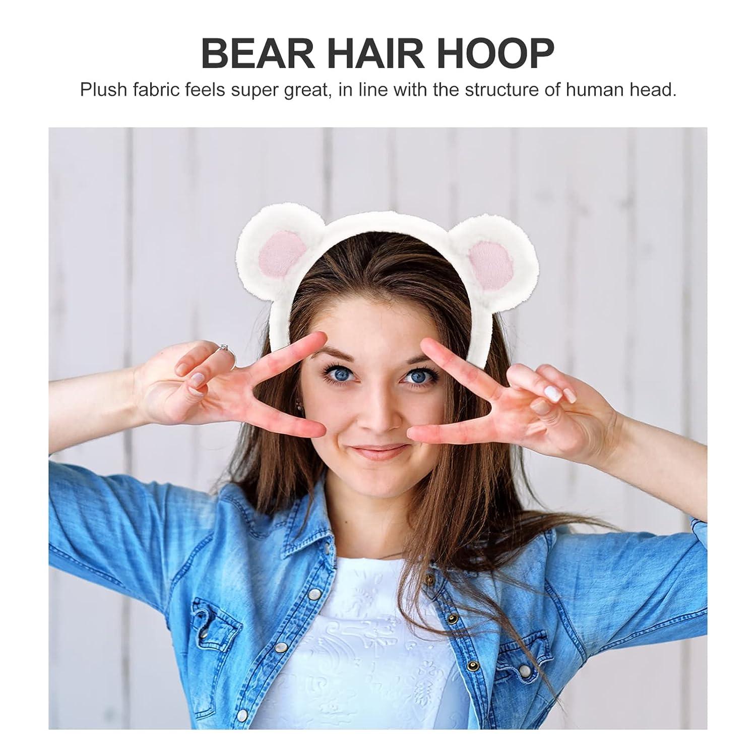 SOLUSTRE Bear Ears Headband - Adorable Cloth Bear Face Wash Headband for Women and Kids - White ...