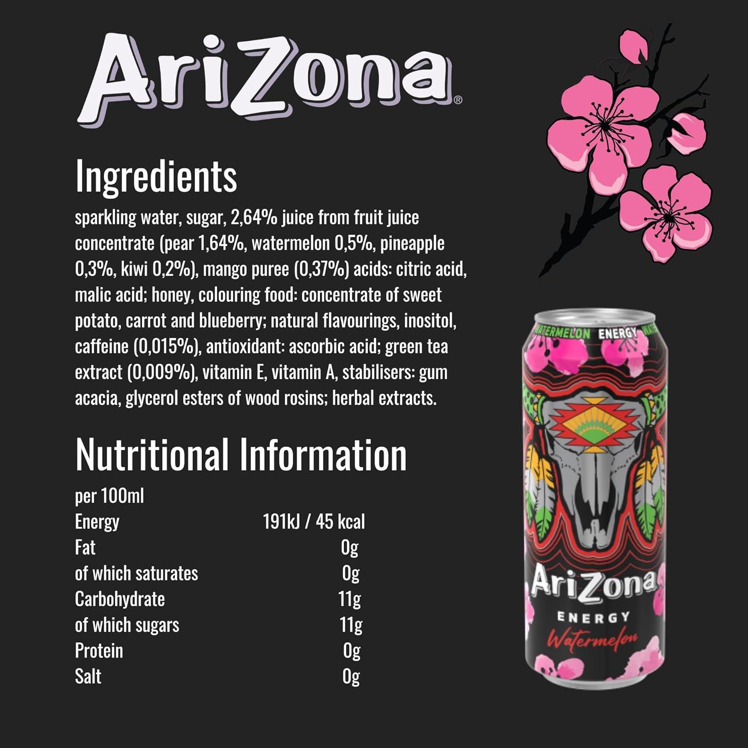 Arizona Sparkling Energy Drink Watermelon 12 x 500ml Cans Green Tea ...