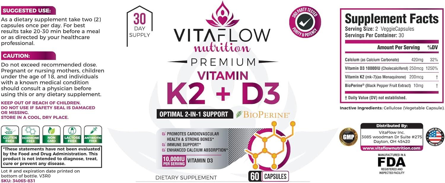 VITAFLOW Nutrition Vitamin K2 and D3 Supplements - 60 Capsules ...