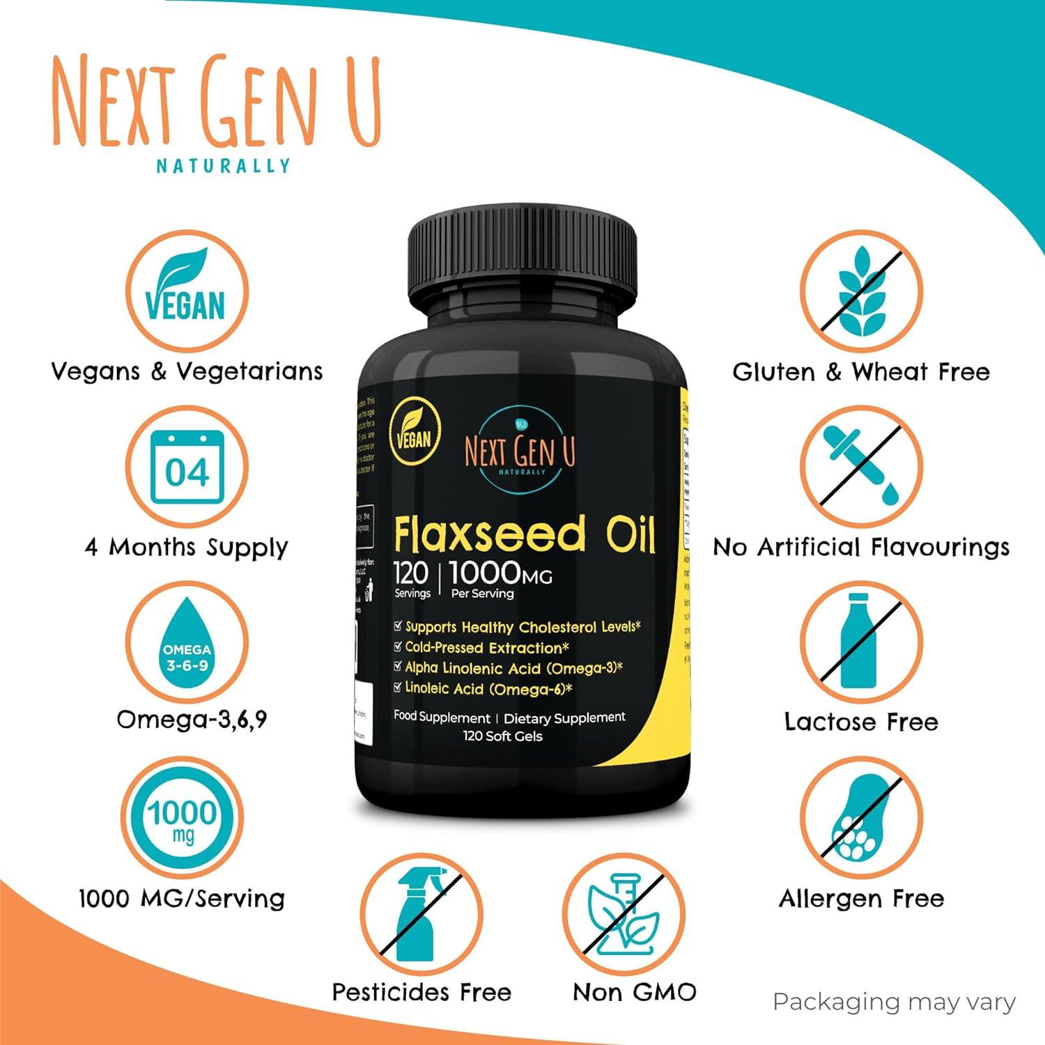 Next Gen U Flaxseed Oil 1000mg Vegan Softgels - Omega 3 6 9 Cold ...