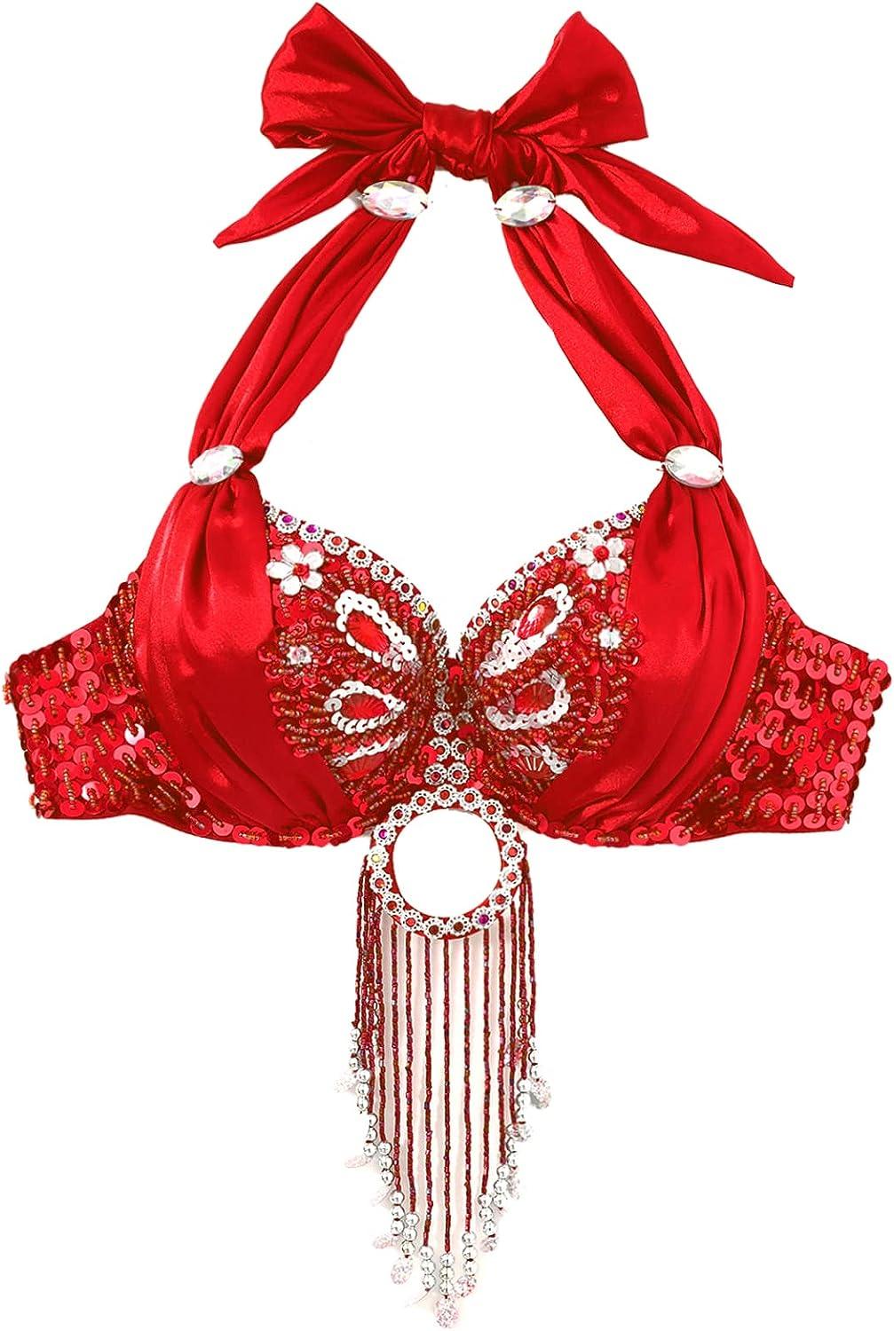 Loloda Women's Belly Dance Sequin Beaded Bra Top - Red One Size | Samba ...