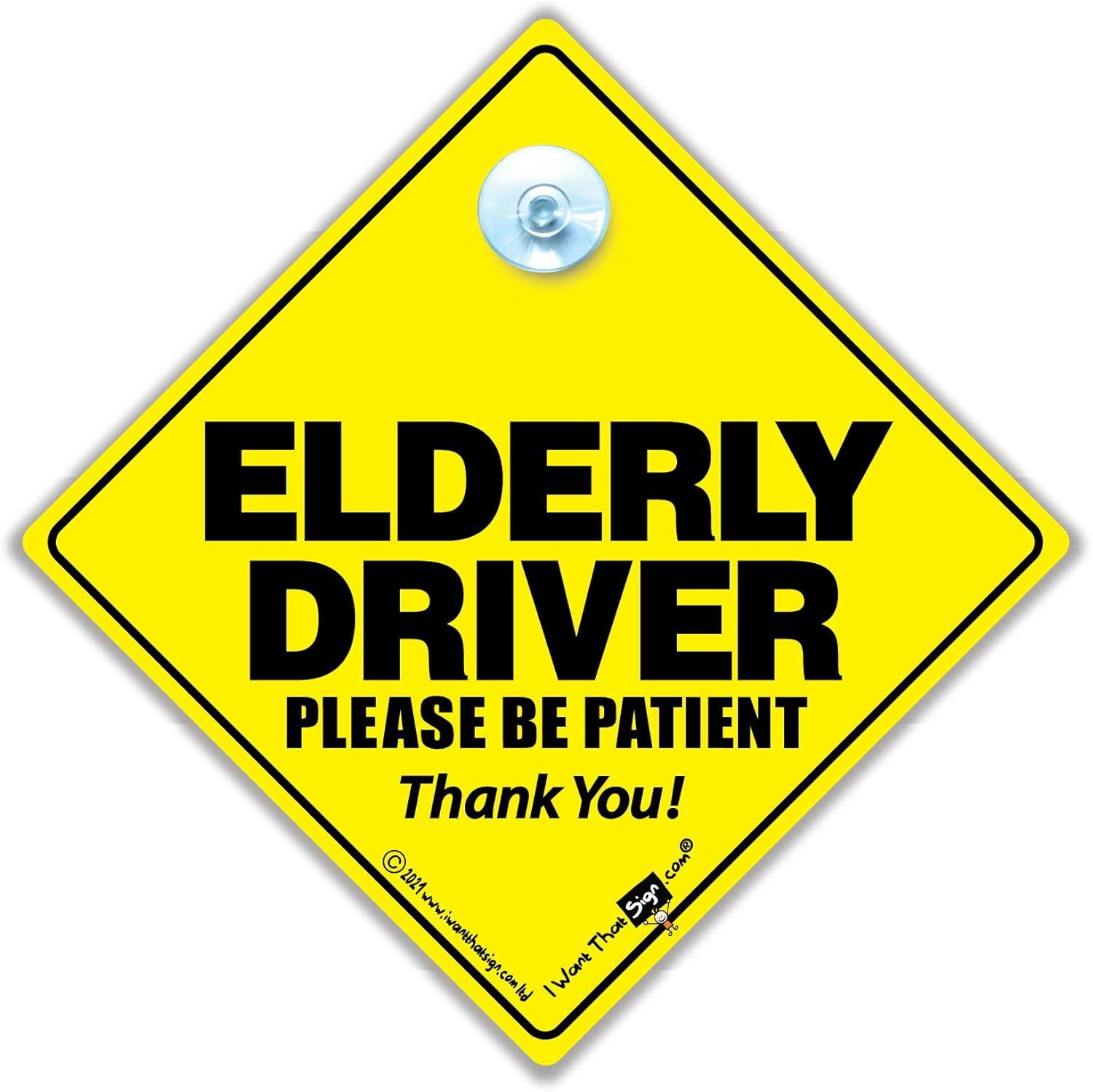 Yellow & Black Elderly Driver Car Sign | 14cm x 14cm | Suction Cup ...
