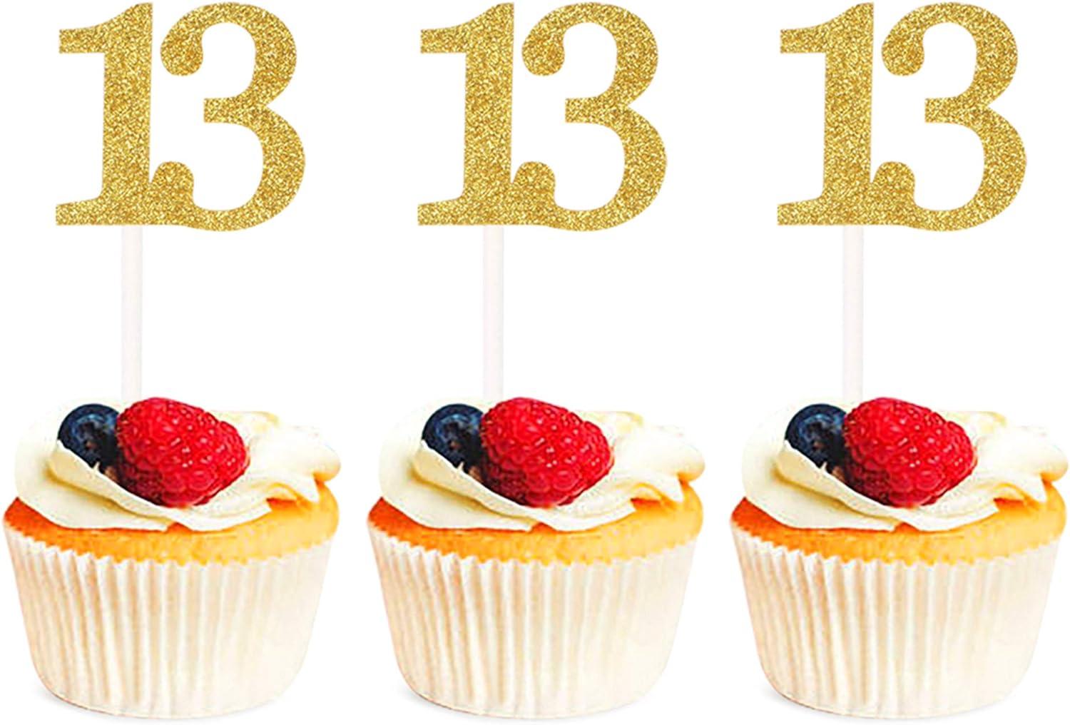 Unimall 20 Pieces Number 13 Cupcake Toppers Gold Glitter 13th Birthday ...