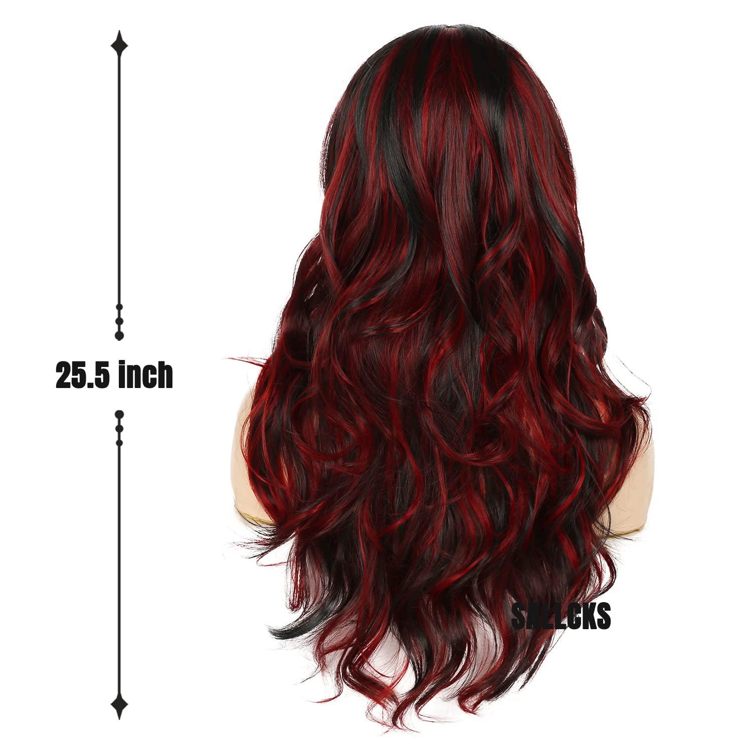 Sallcks Black Red Long Wavy Wig for Women - 2 Tone Synthetic Costume ...