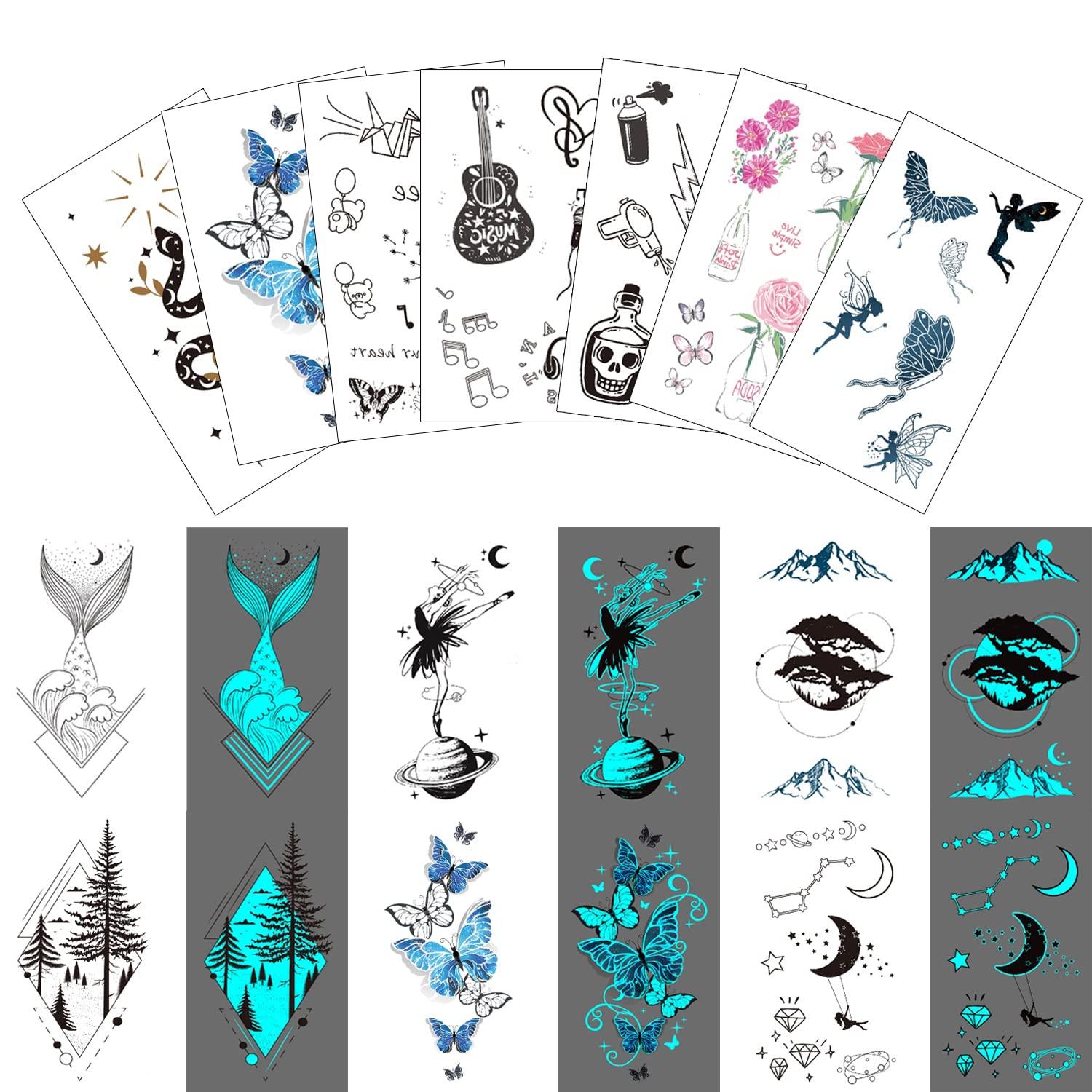 Glow in the Dark Blue Temporary Tattoos - 180+ Styles, 36 Sheets - Fake ...