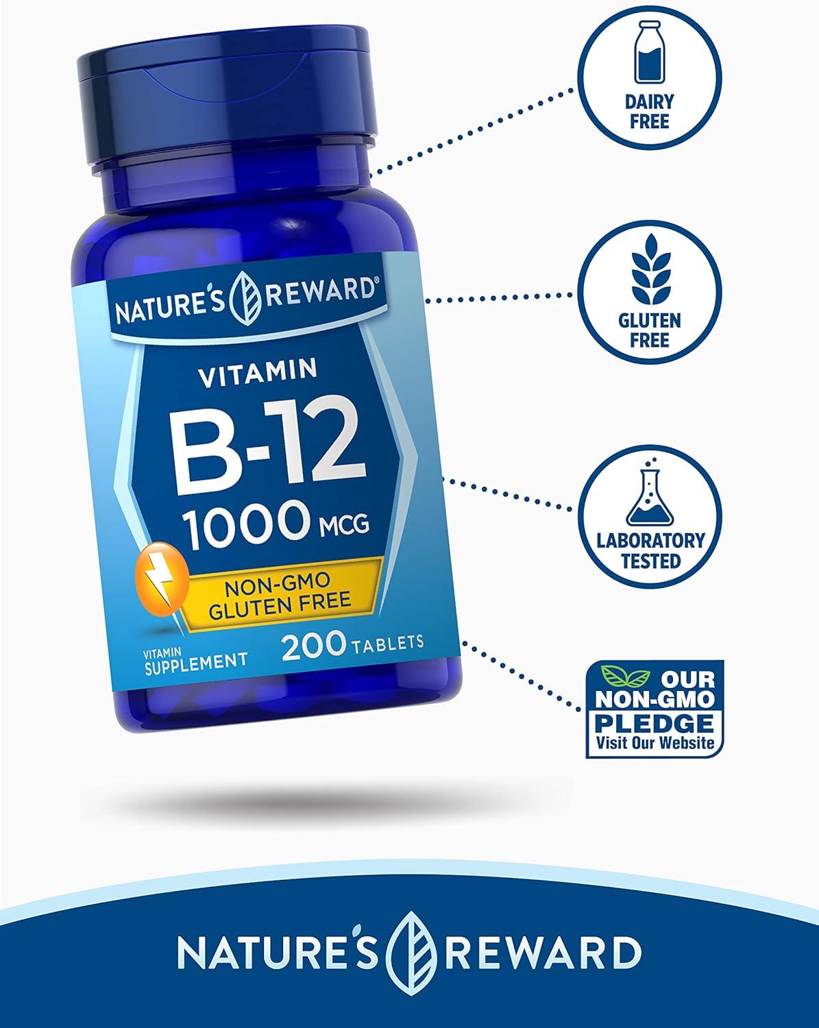Nature's Reward Vitamin B12 1000mcg 200 Count Tablets - Non-GMO ...