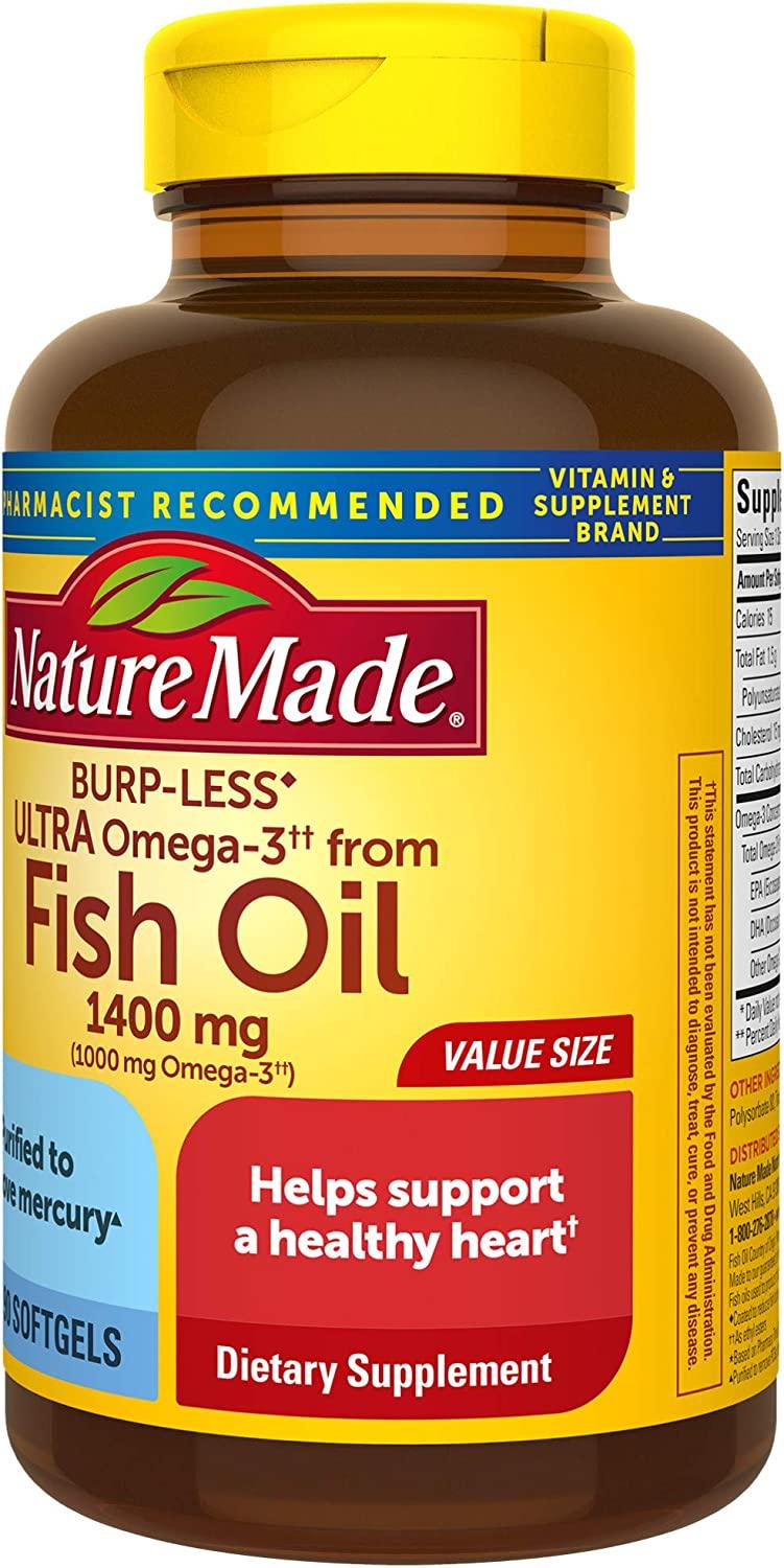 Nature Made Ultra Omega-3 Fish Oil 1400 mg | Burp-Less 90 Softgels - Cardiovascular Support ...