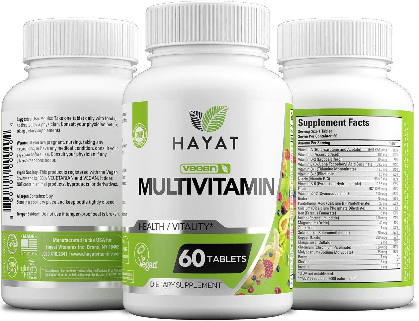HAYAT Vitamins Vegan Natural Multivitamin Certified Halal 60 Tablets