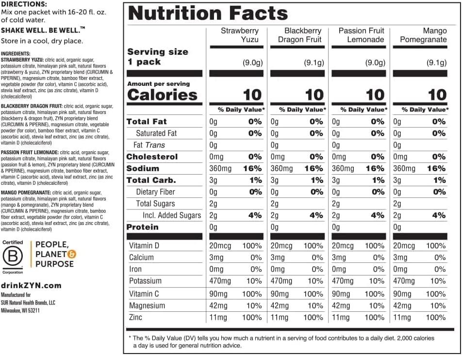 ZYN Electrolyte Powder Hydration Packets with Vitamins, Zinc & Turmeric ...