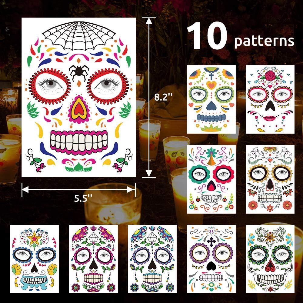 Day of the Dead Sugar Skull Face Tattoos - 10 Sheets Halloween ...
