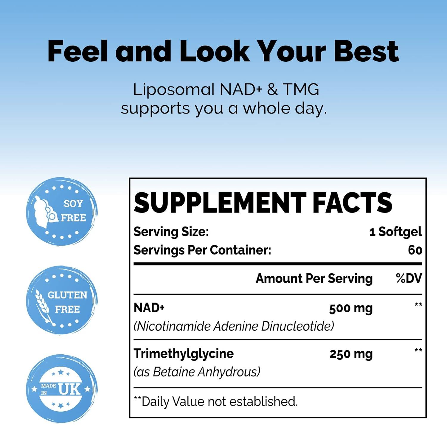 Liposomal NAD+ Softgels 500mg with TMG 250mg More Efficient Than ...