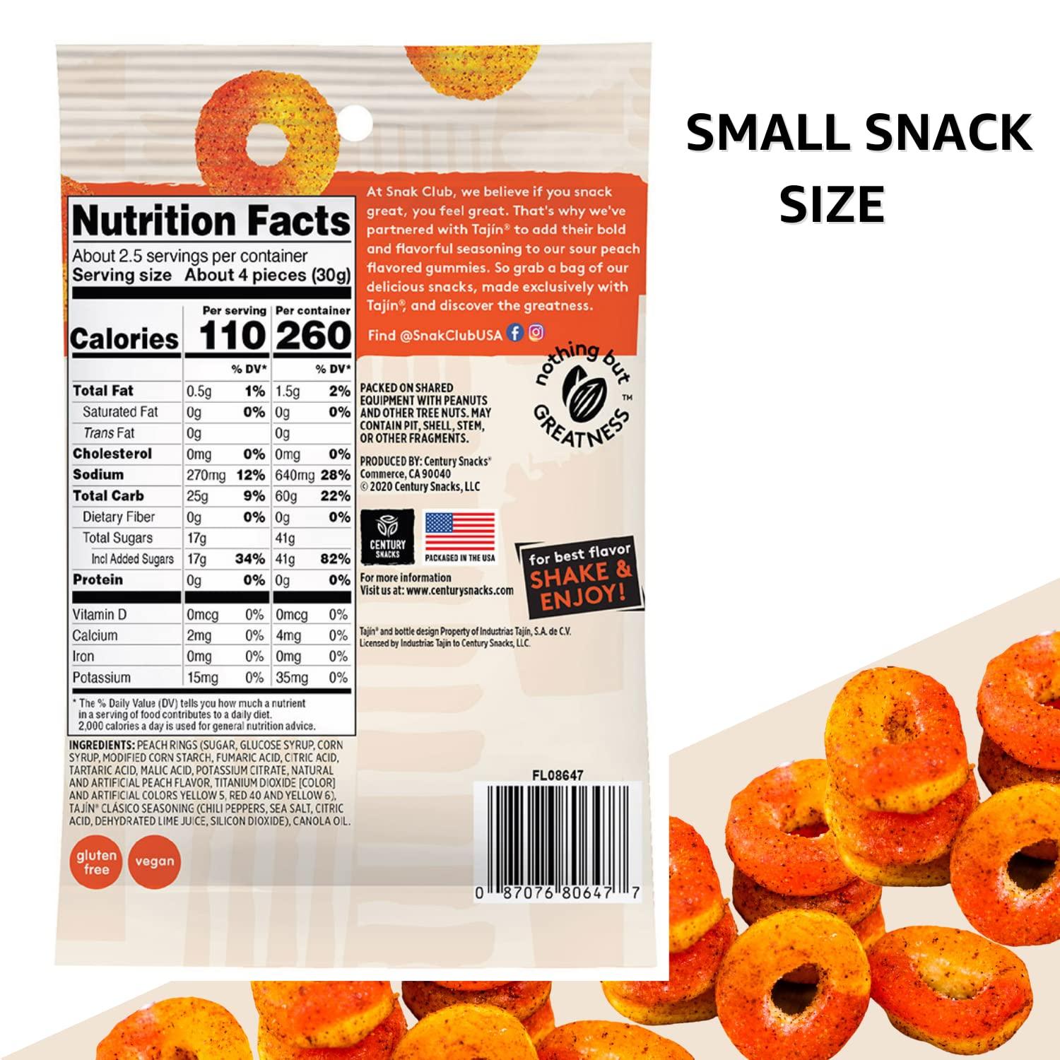 Snak Club Tajin Peach Rings 2.5oz - Sweet & Spicy Gummy Snacks, 12 ...