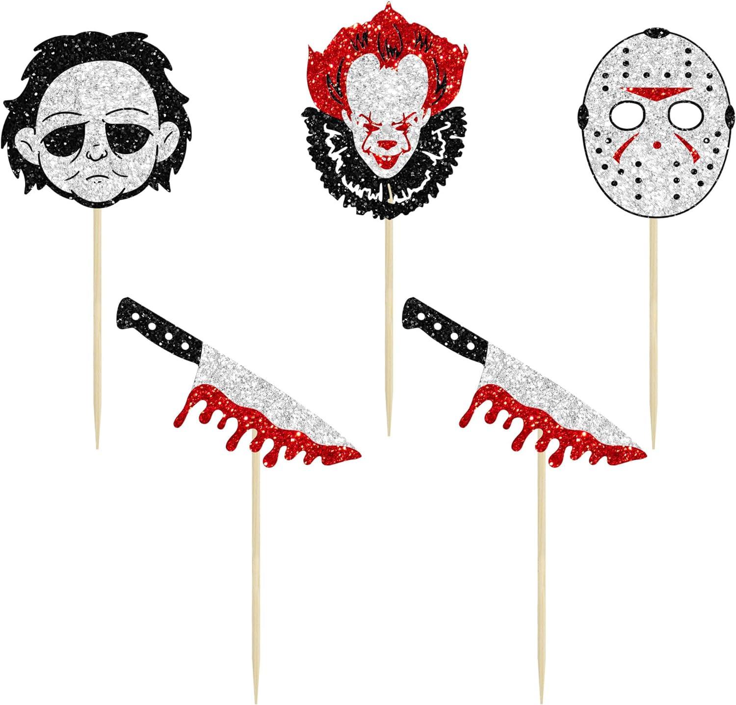 24Pcs Horror Movie Cupcake Toppers Glitter Bloody Knife Killer Birthday ...