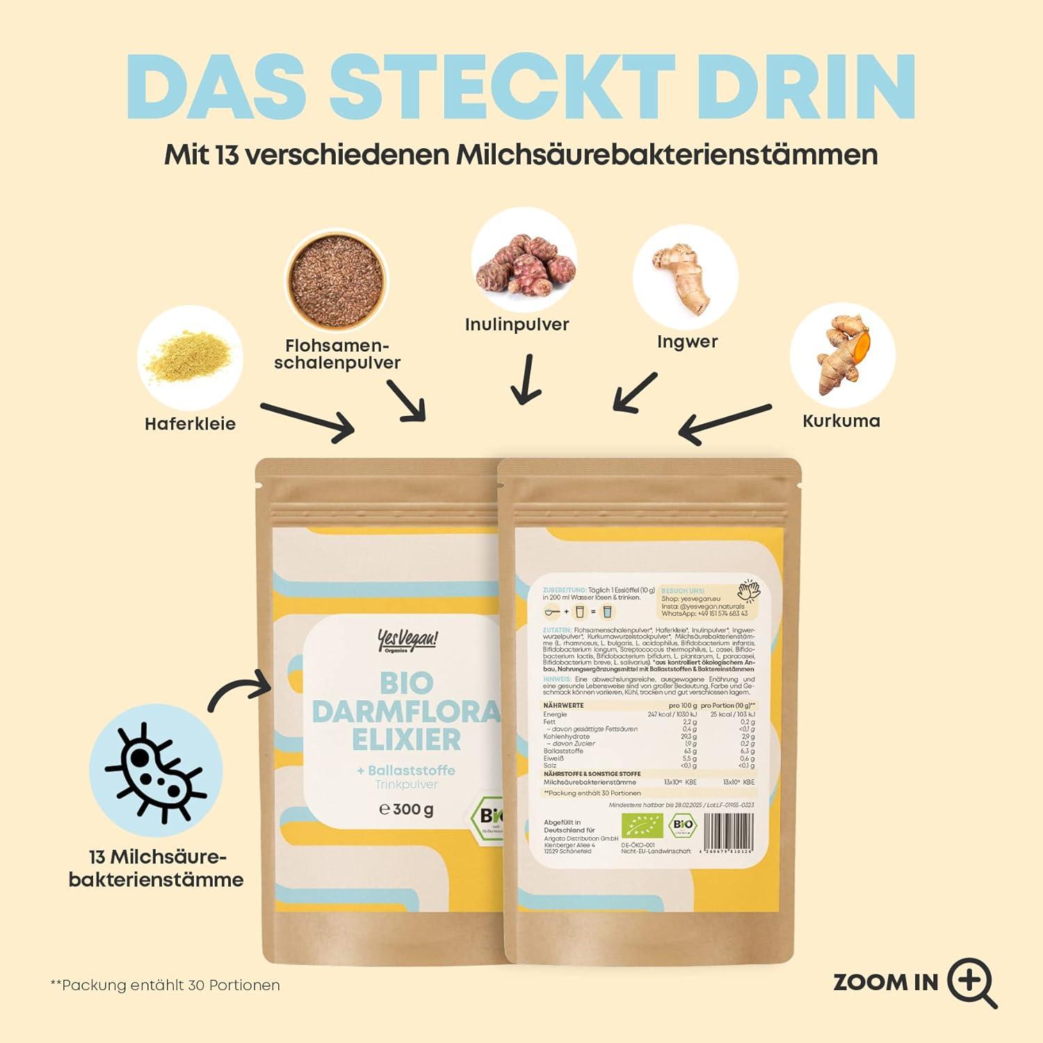 Organic Intestinal Flora Powder - 13 Probiotic Strains Fiber-Rich ...