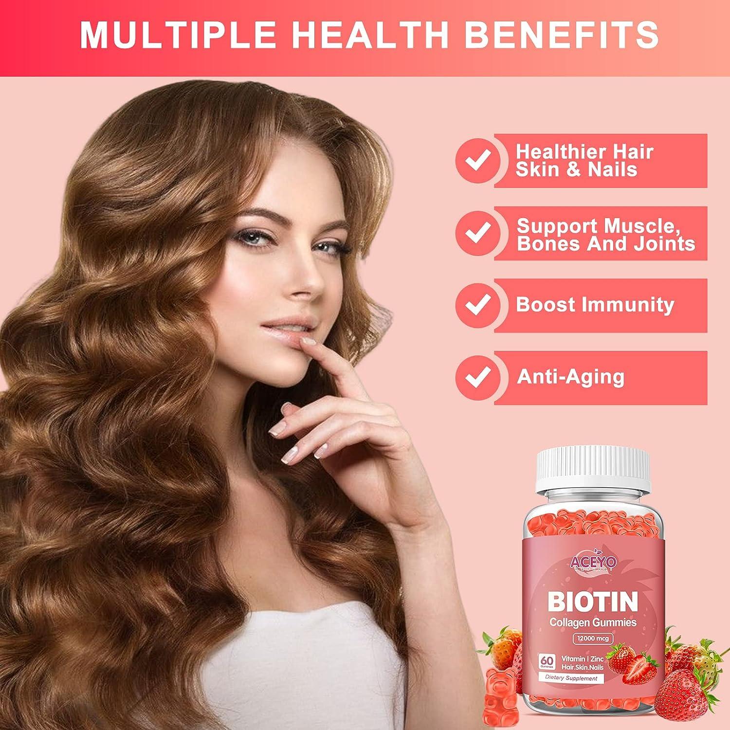 ACEYO Organic Biotin Collagen Gummies 12000mcg for Hair Growth with ...