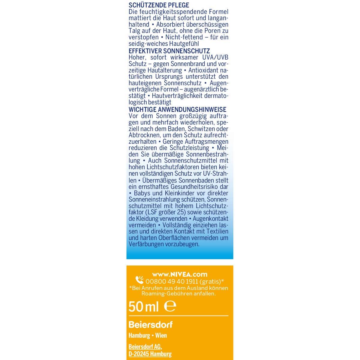 Nivea Sun UV Face Matting SPF 50 - Non-Fatty Sunscreen for Instant ...