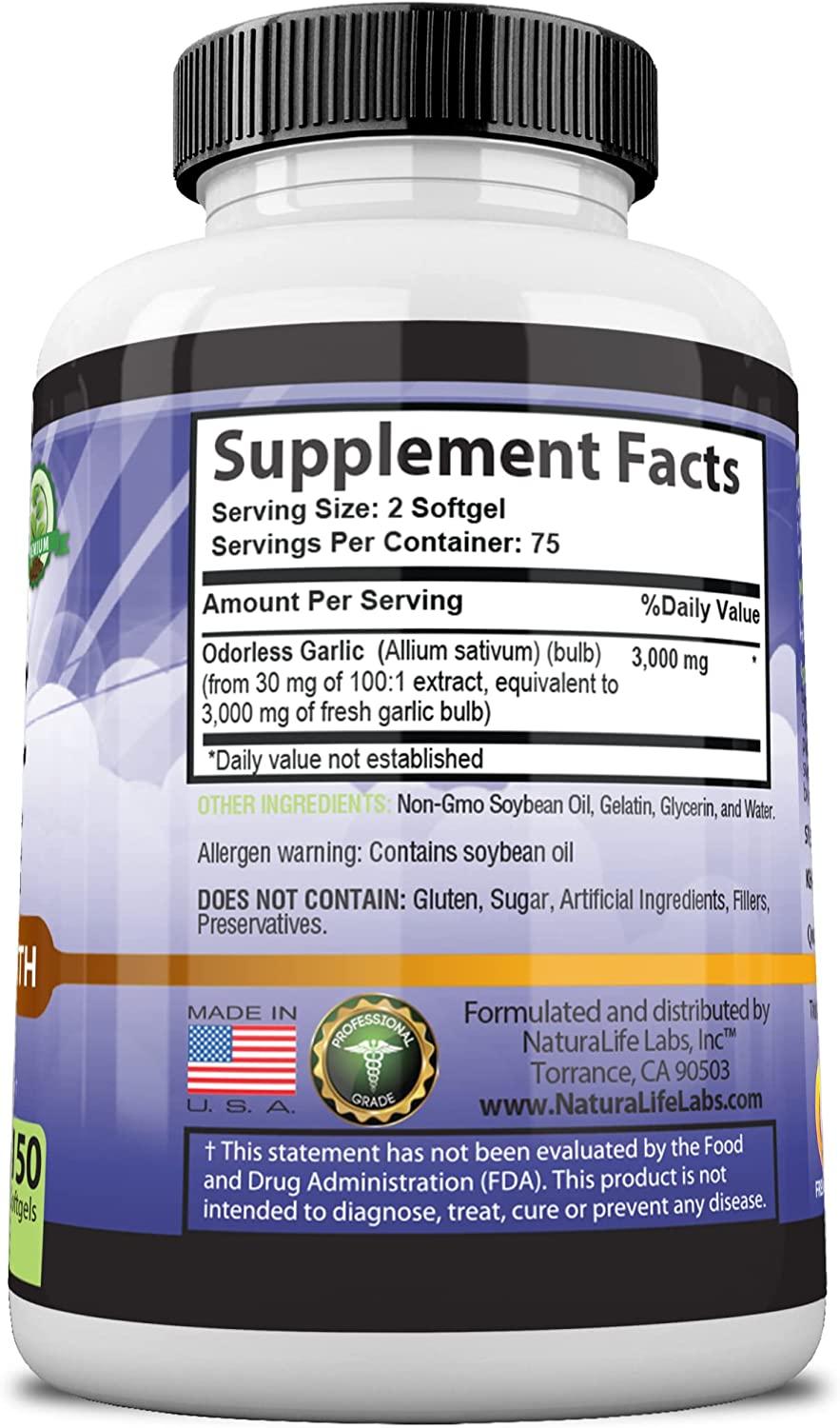 Pure Garlic 3000mg | 150 Softgels | Promotes Healthy Cholesterol ...