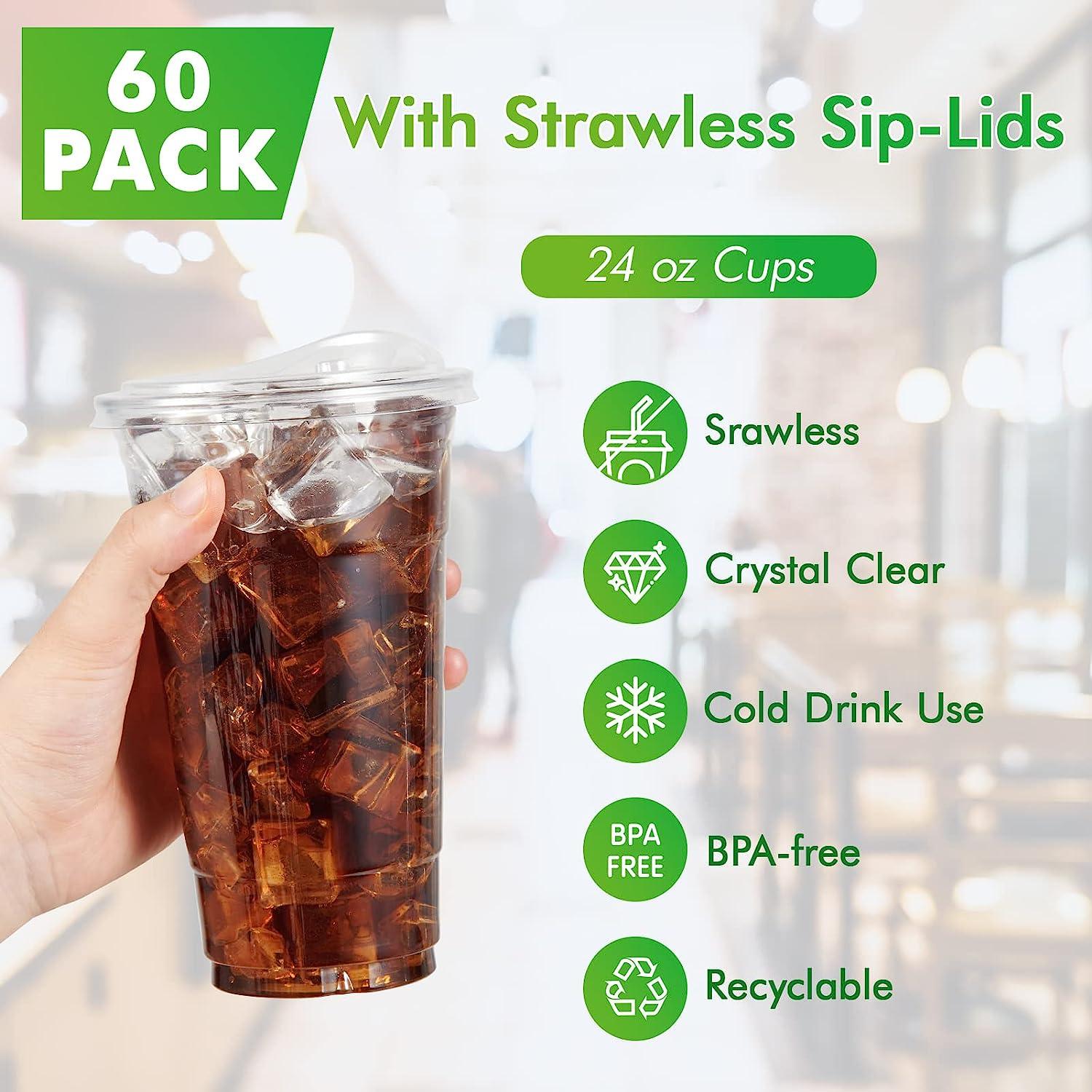 Lilymicky 24oz Clear Plastic Cups with Strawless Sip Lids - 60 Pack for ...