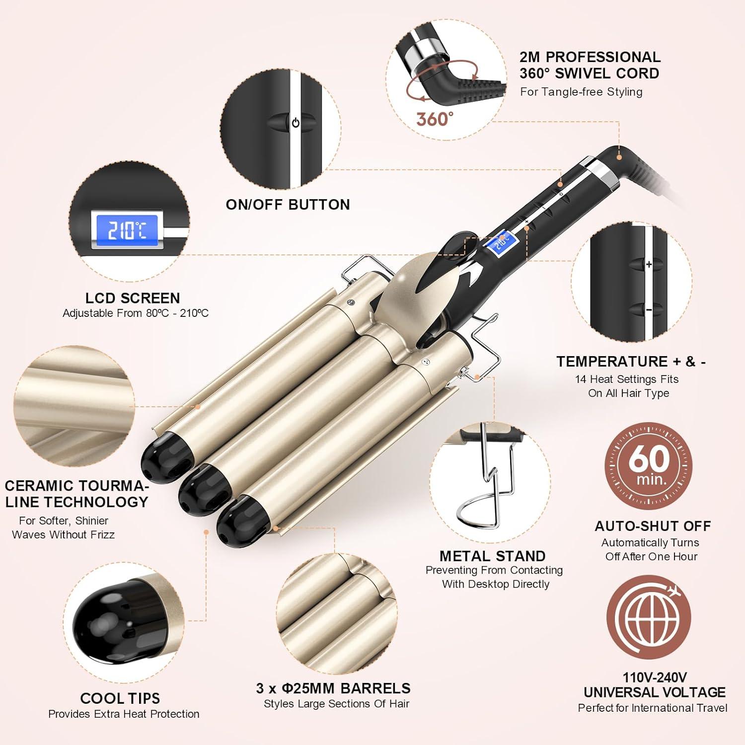 Buy Wavel Iron 3-Barrel Curling Iron for Beach Waves | 25mm | 14 Heat ...