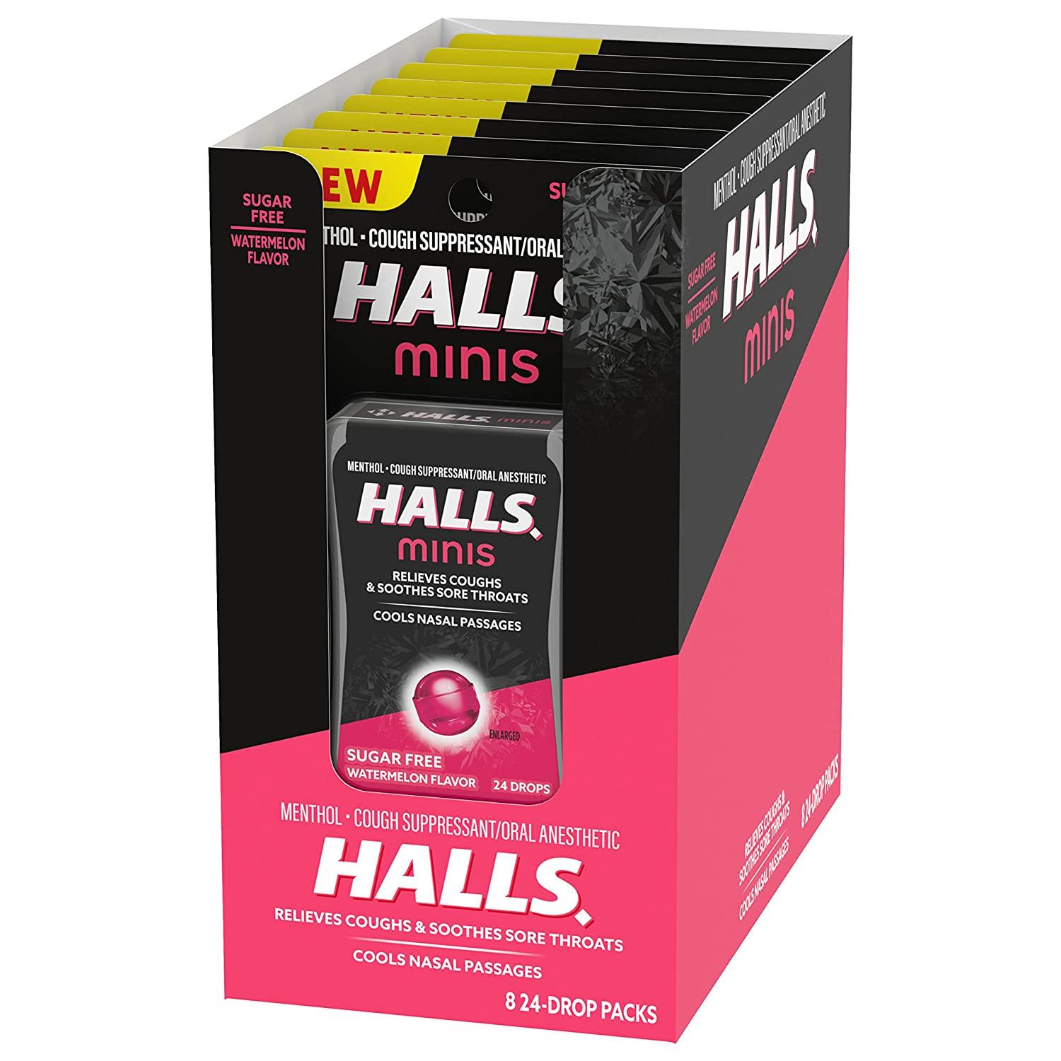 Halls Minis Watermelon Flavor Sugar Free Cough Drops, 8 Packs of 24 ...