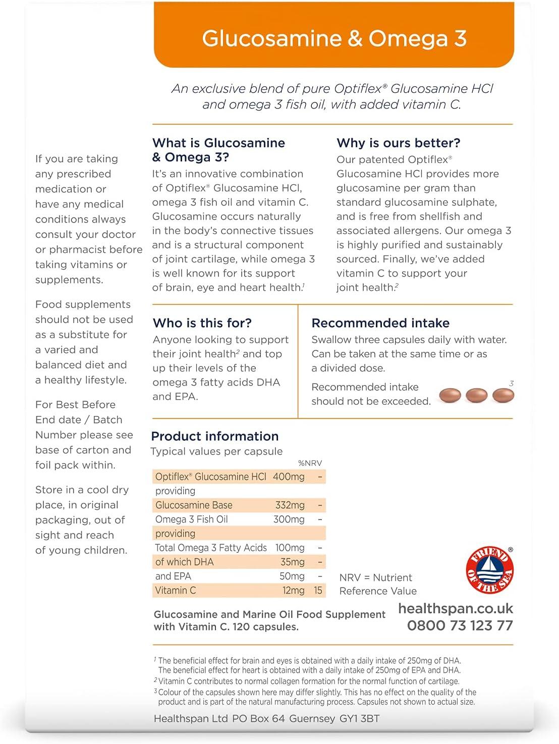 Healthspan Glucosamine & Omega 3 Capsules - 120ct | Joint Health with ...